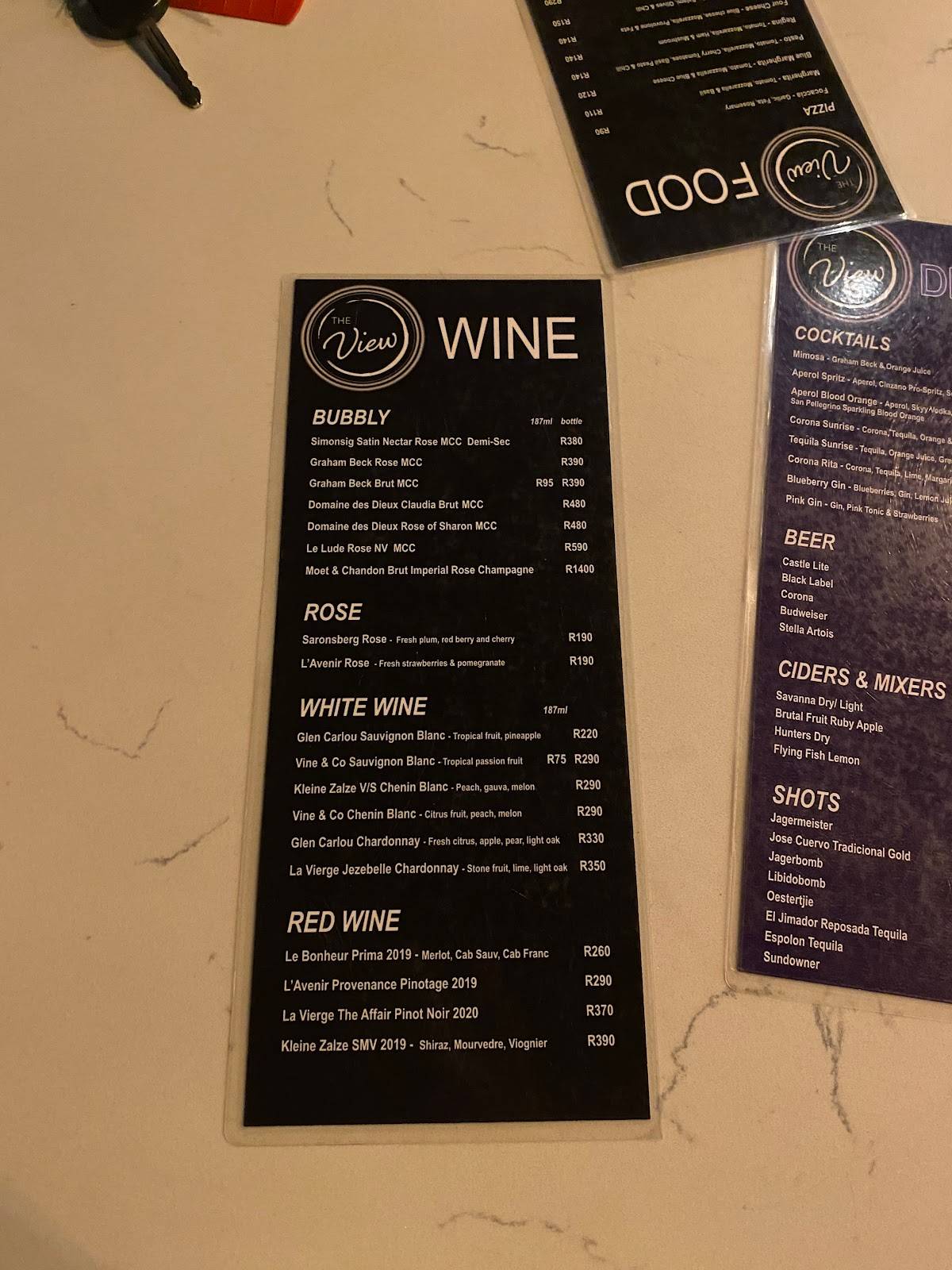 Menu at The View Rooftop Bar, Pretoria