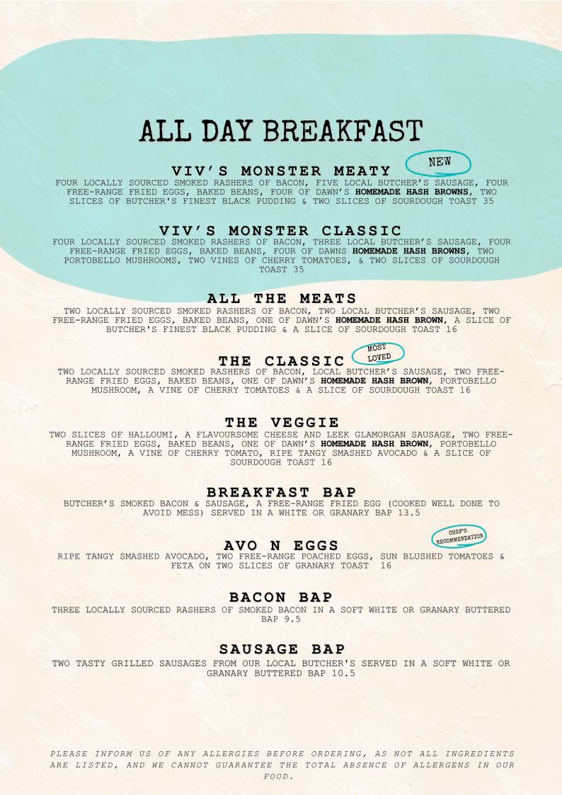 Menu at Viv's in Goring cafe, Goring