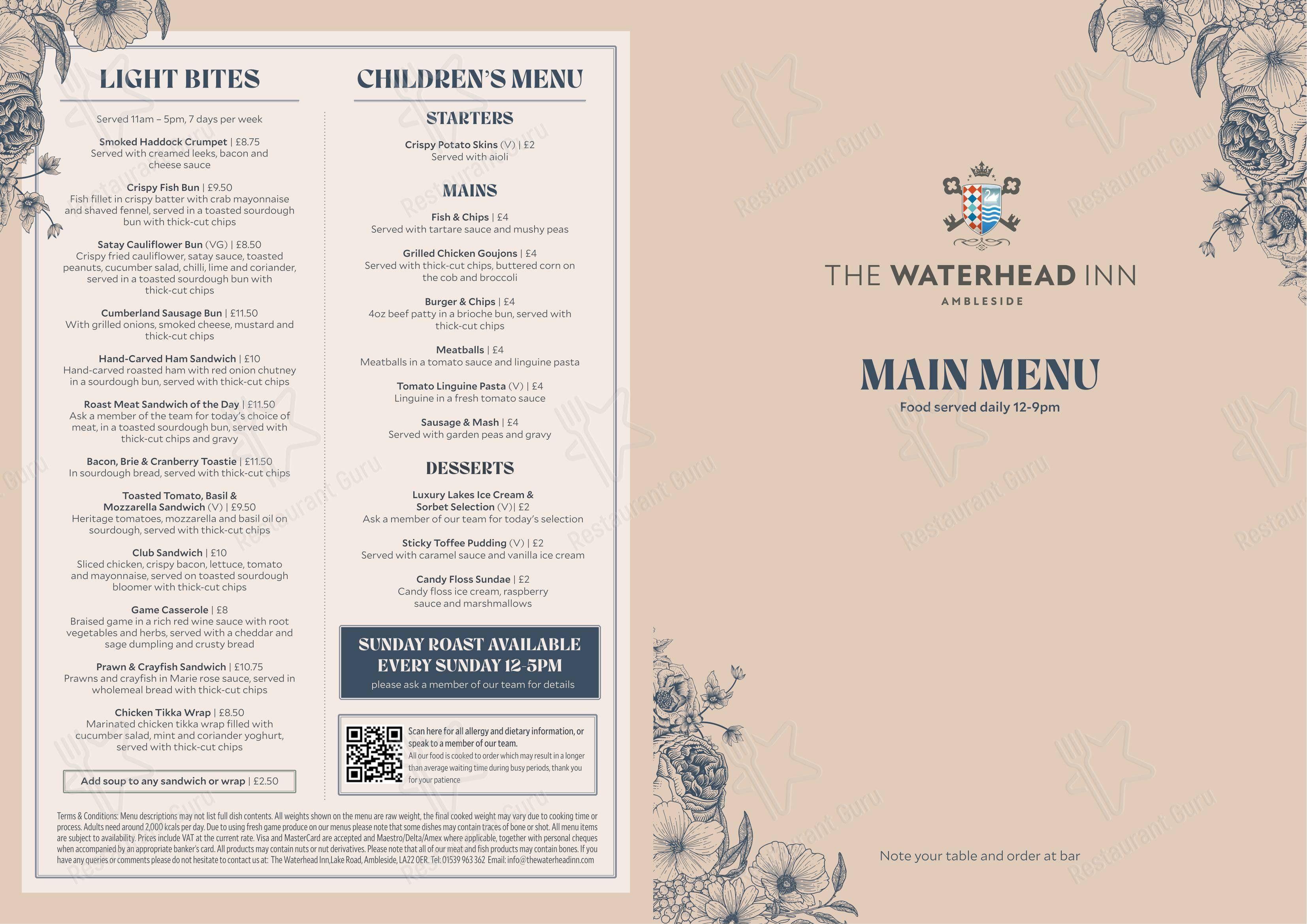 Menu at The Waterhead Inn pub & bar, Ambleside, Lake Rd