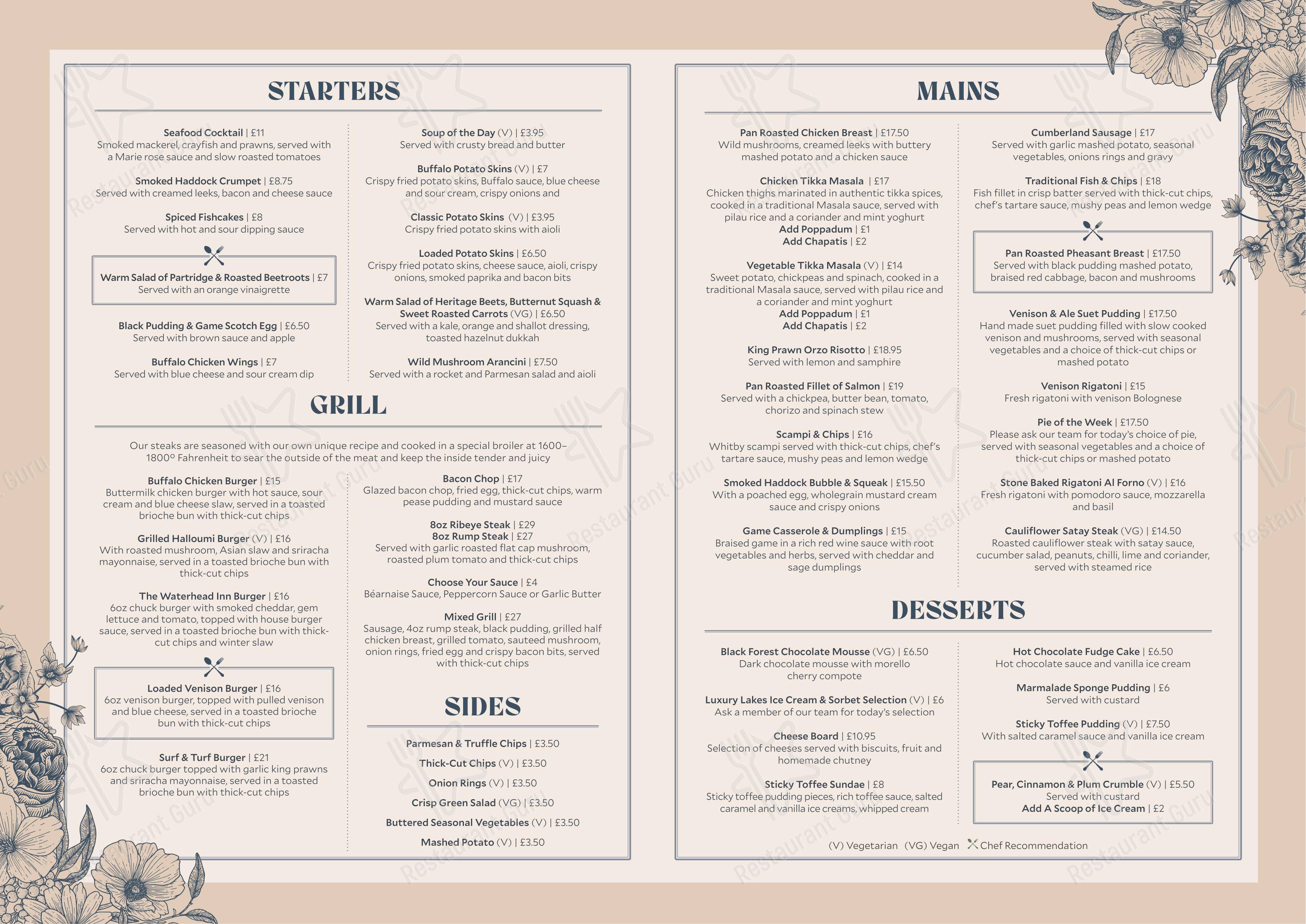 Menu at The Waterhead Inn pub & bar, Ambleside, Lake Rd