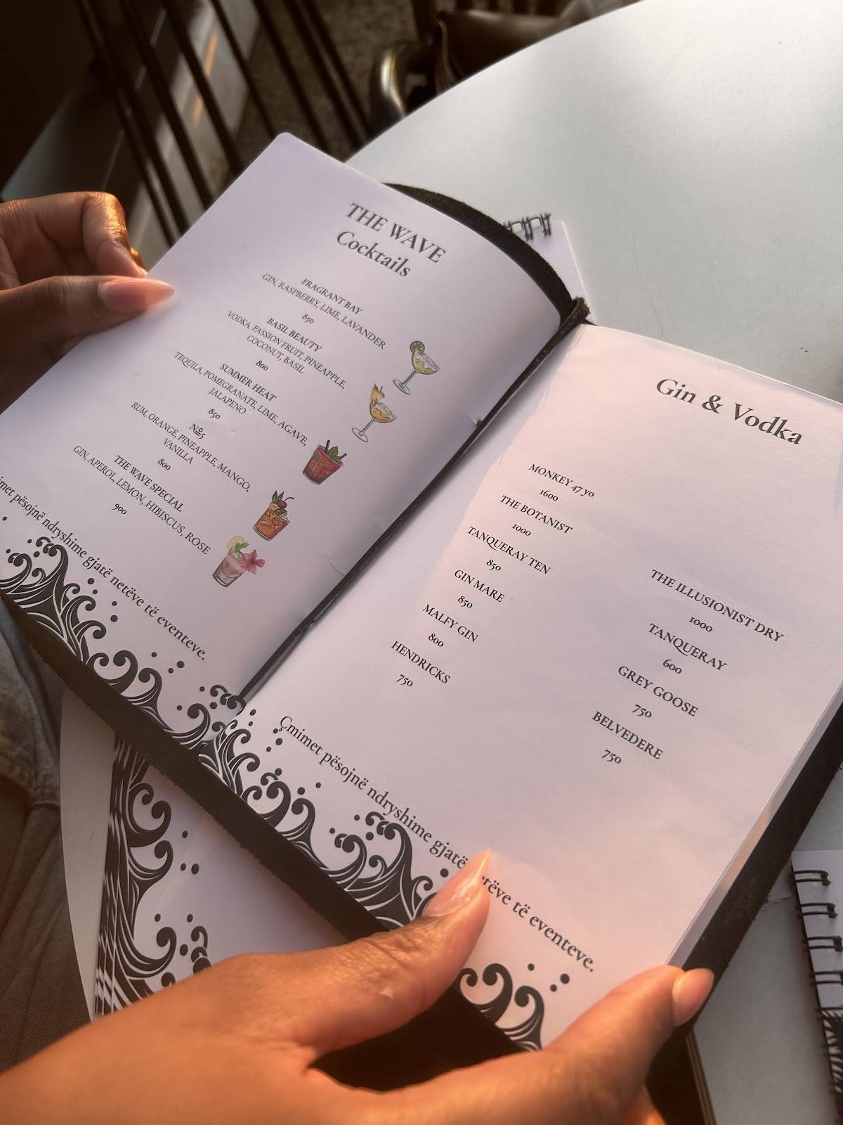 Menu at The Wave restaurant, Vlorë