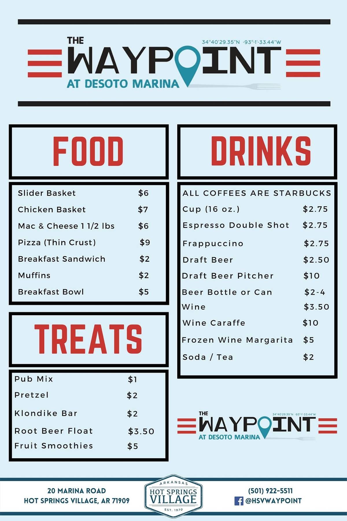 Carta de Waypoint Cafe & Marina, Hot Springs Village