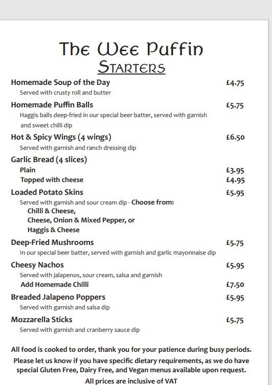 Menu at The Wee Puffin pub & bar, Grantown-on-Spey