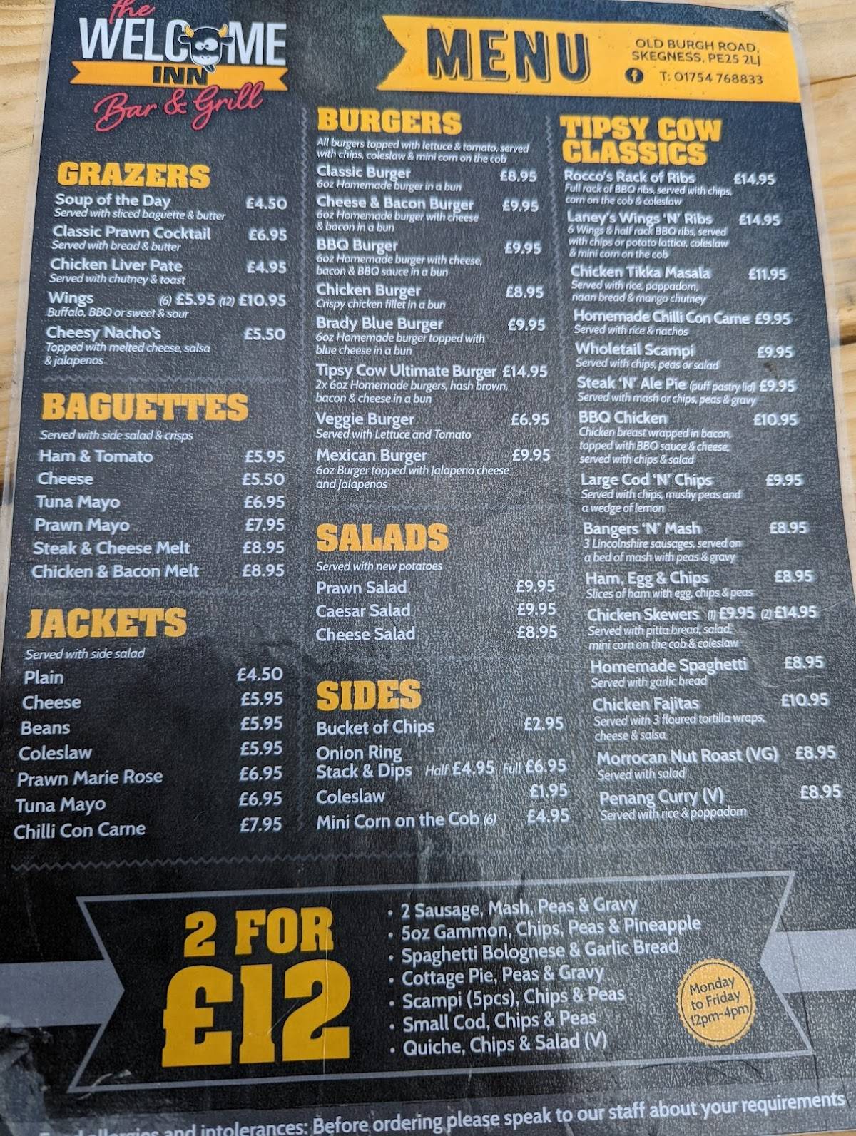 Menu at The Welcome Inn pub & bar, Skegness, Burgh Old Rd