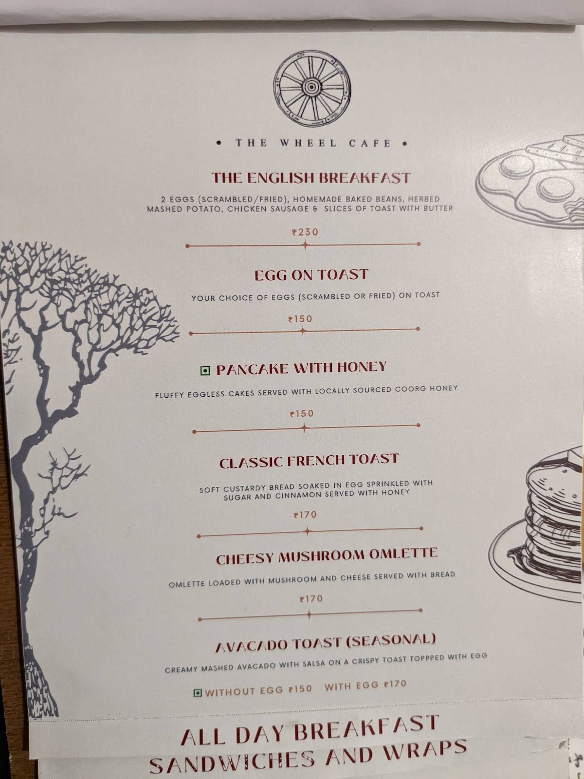 Menu at The Wheel café, Madikeri, Coorg, Madikeri