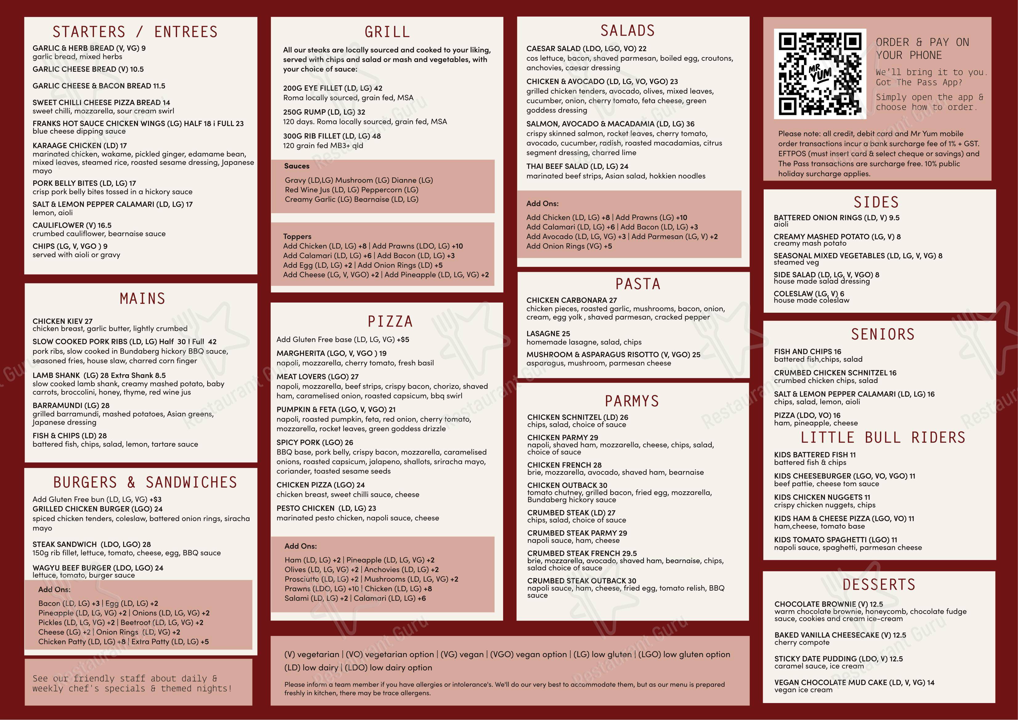 Menu at The White Bull Tavern restaurant, Roma