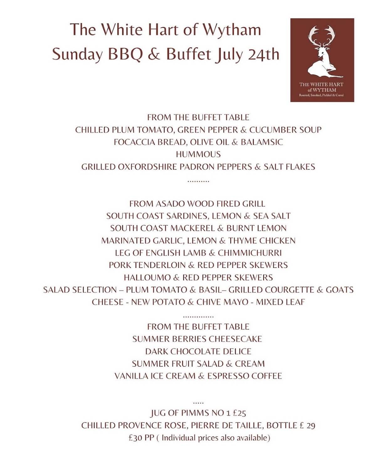 Menu at The White Hart of Wytham pub & bar, Oxford