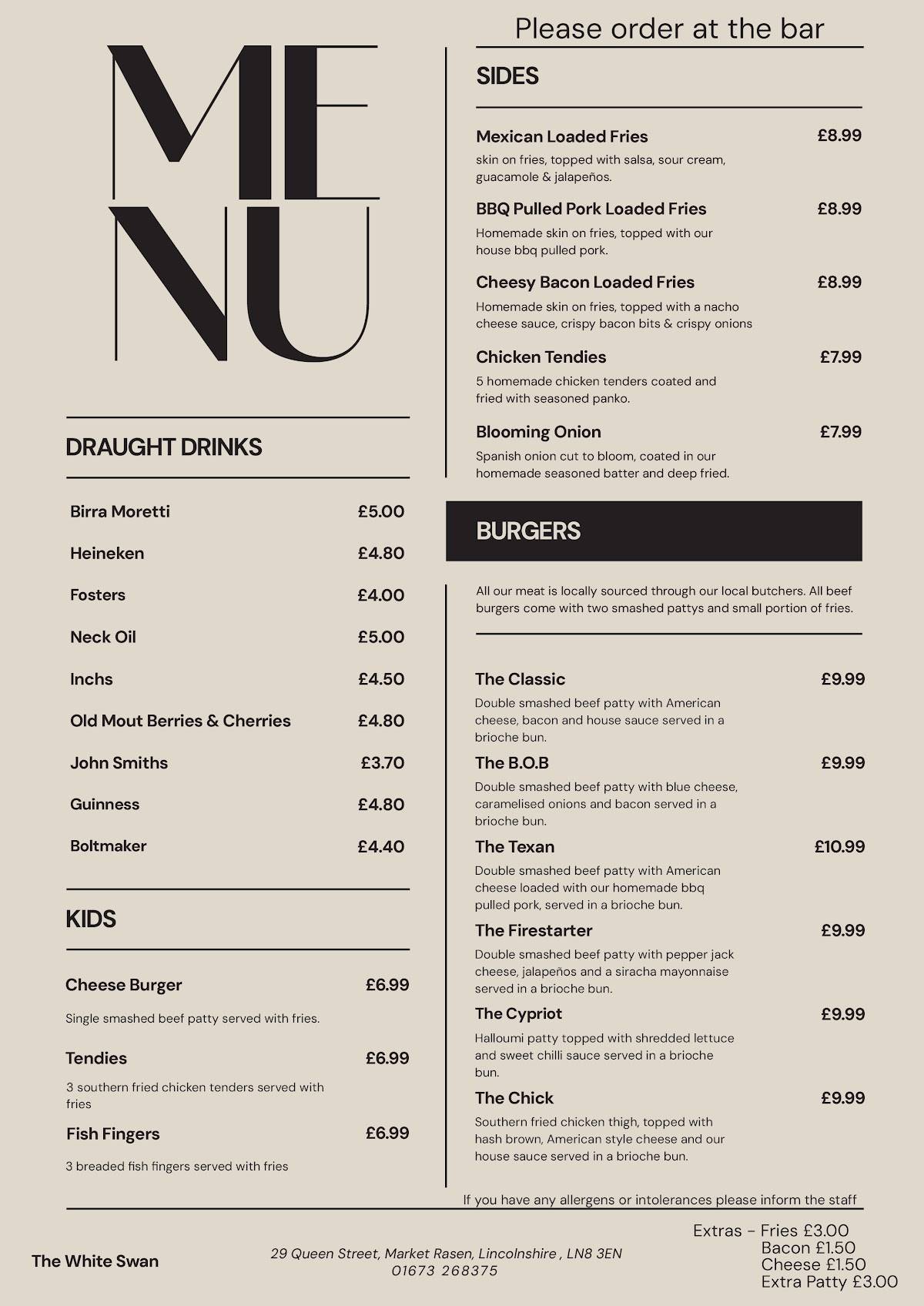 Menu at The White Swan Market Rasen restaurant, Market Rasen