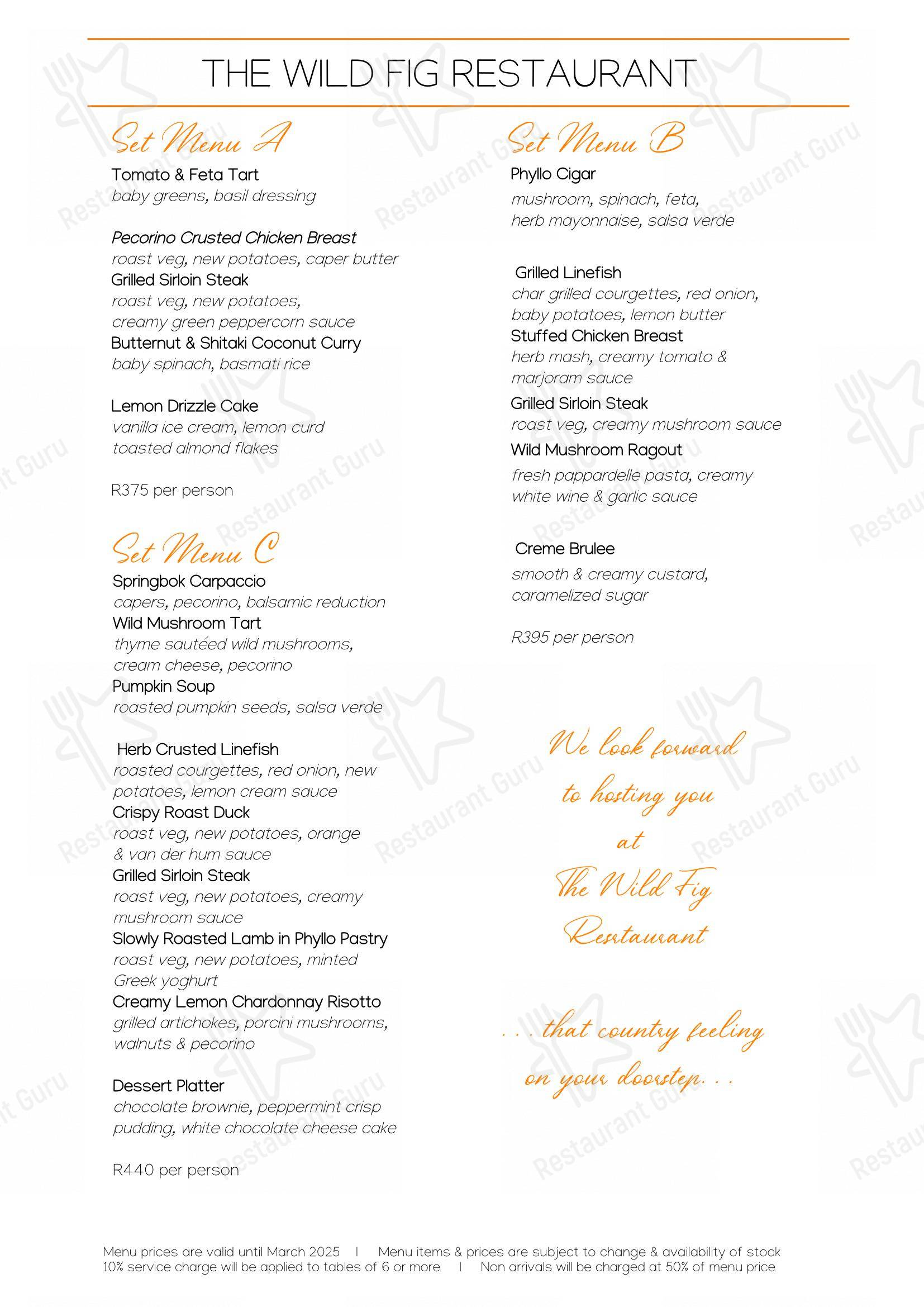 Menu at The Wild Fig Restaurant, Cape Town