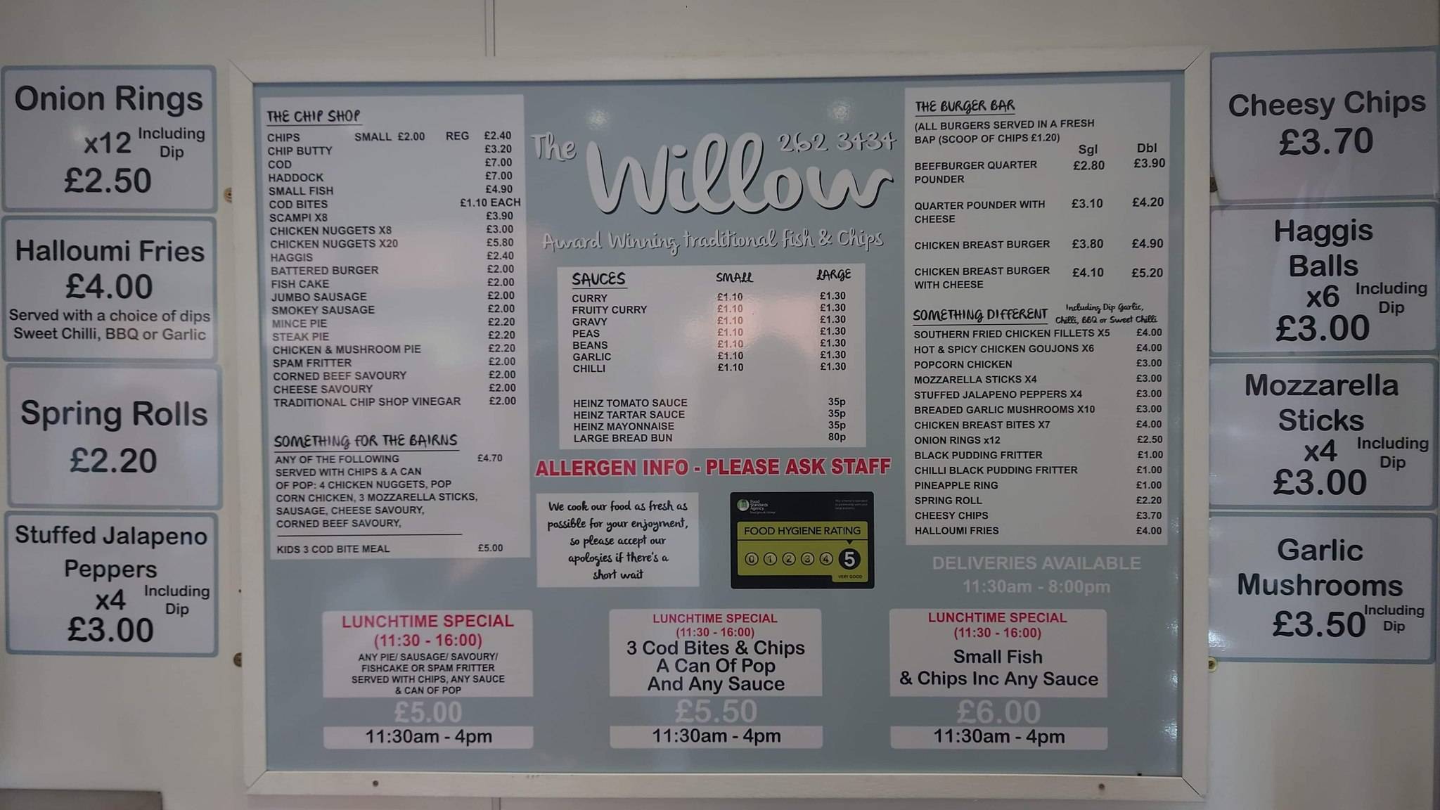 Menu at The Willow fast food, Wallsend