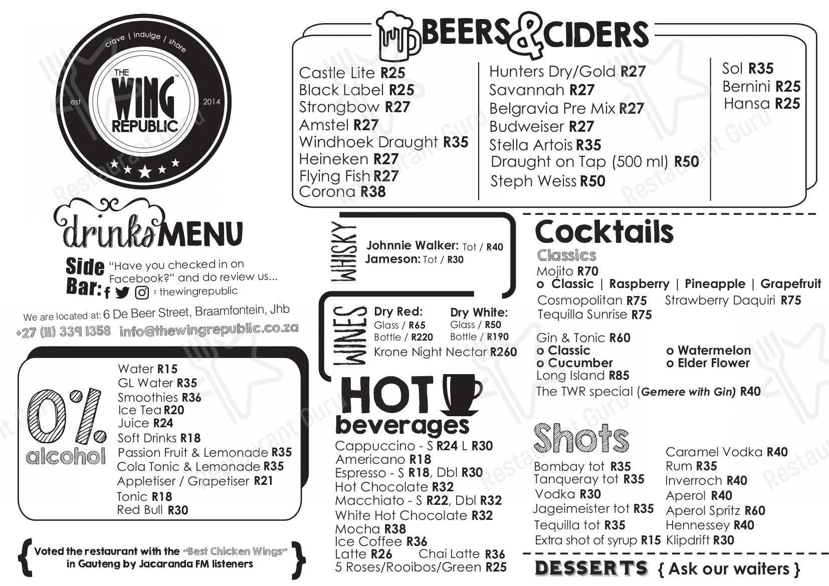 Menu at The Wing Republic, Johannesburg, 6 De Beer St