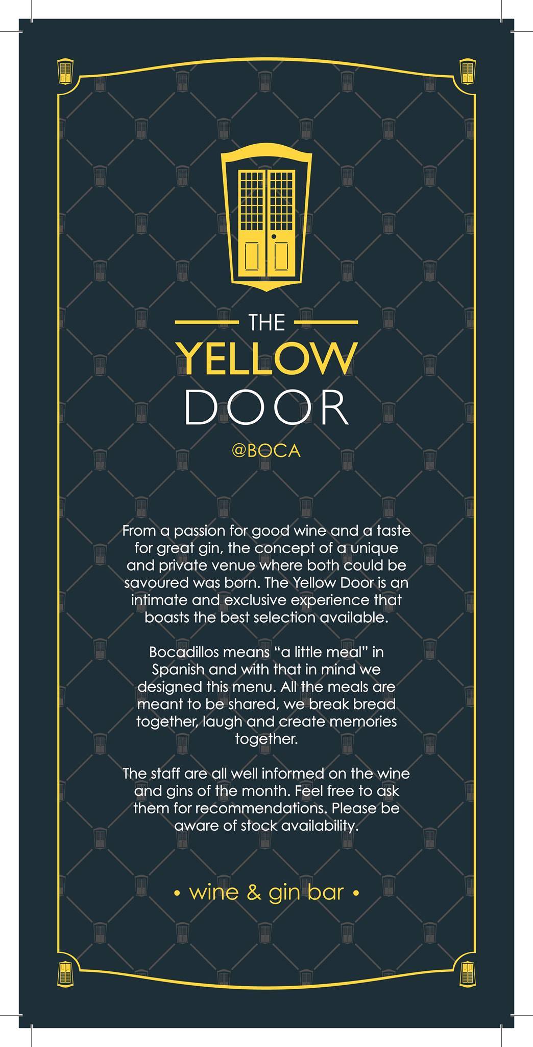 Menu at The Yellow Door @ Boca pub & bar, Port Elizabeth