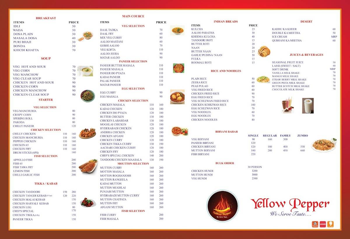 Menu at The Yellow Pepper, Hyderabad