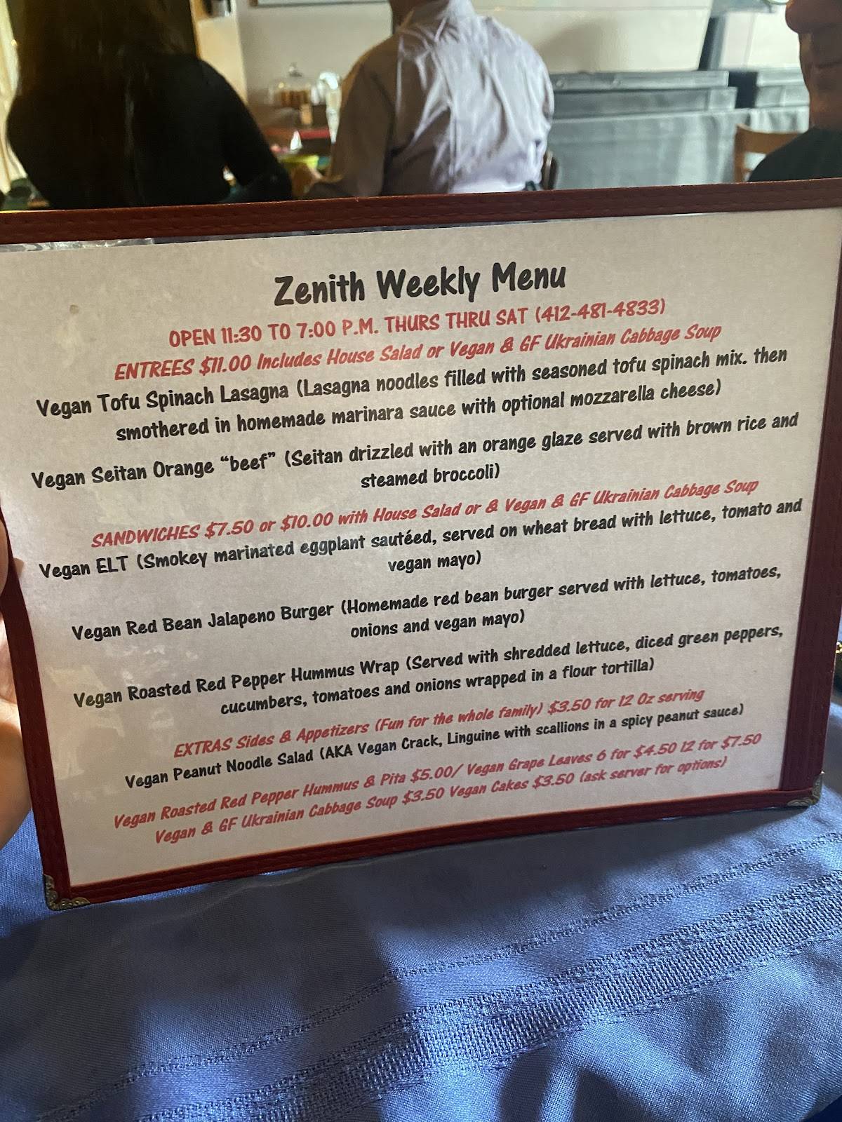 Menu at The Zenith restaurant, Pittsburgh