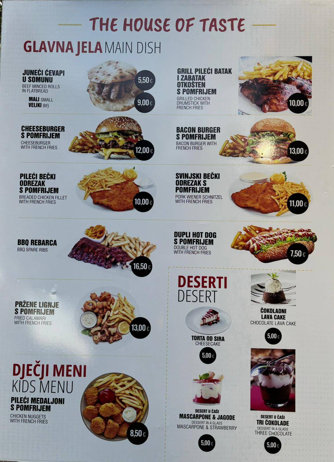 Menu au The house of Taste restaurant, Gajac, Gajac A8/34