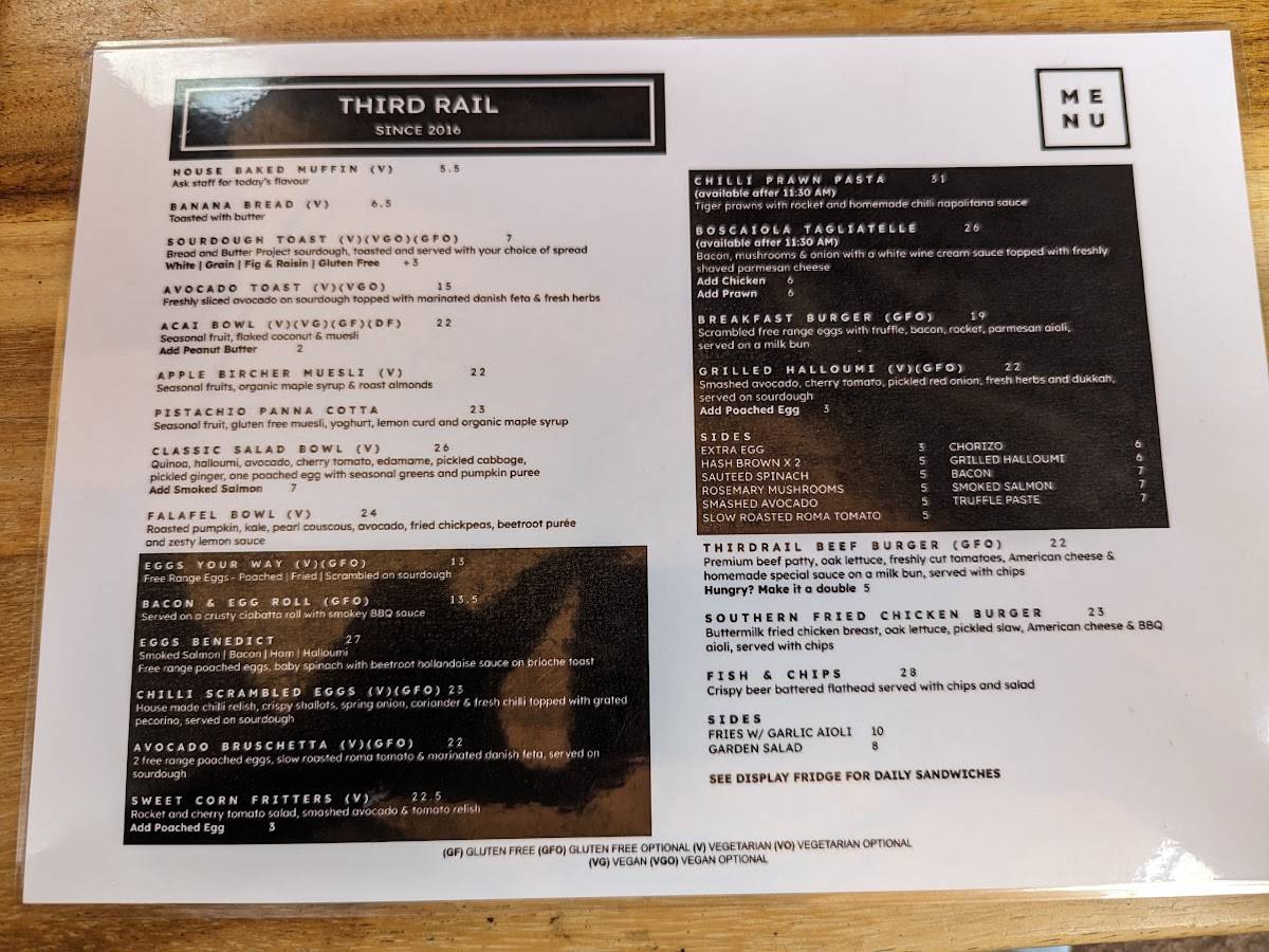 Menu at Third Rail cafe, Waverton