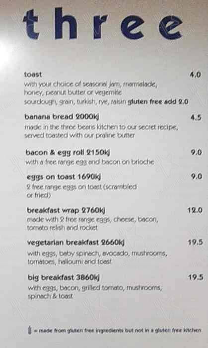 Menu at Three Beans restaurant, Sydney, Kiosk K103