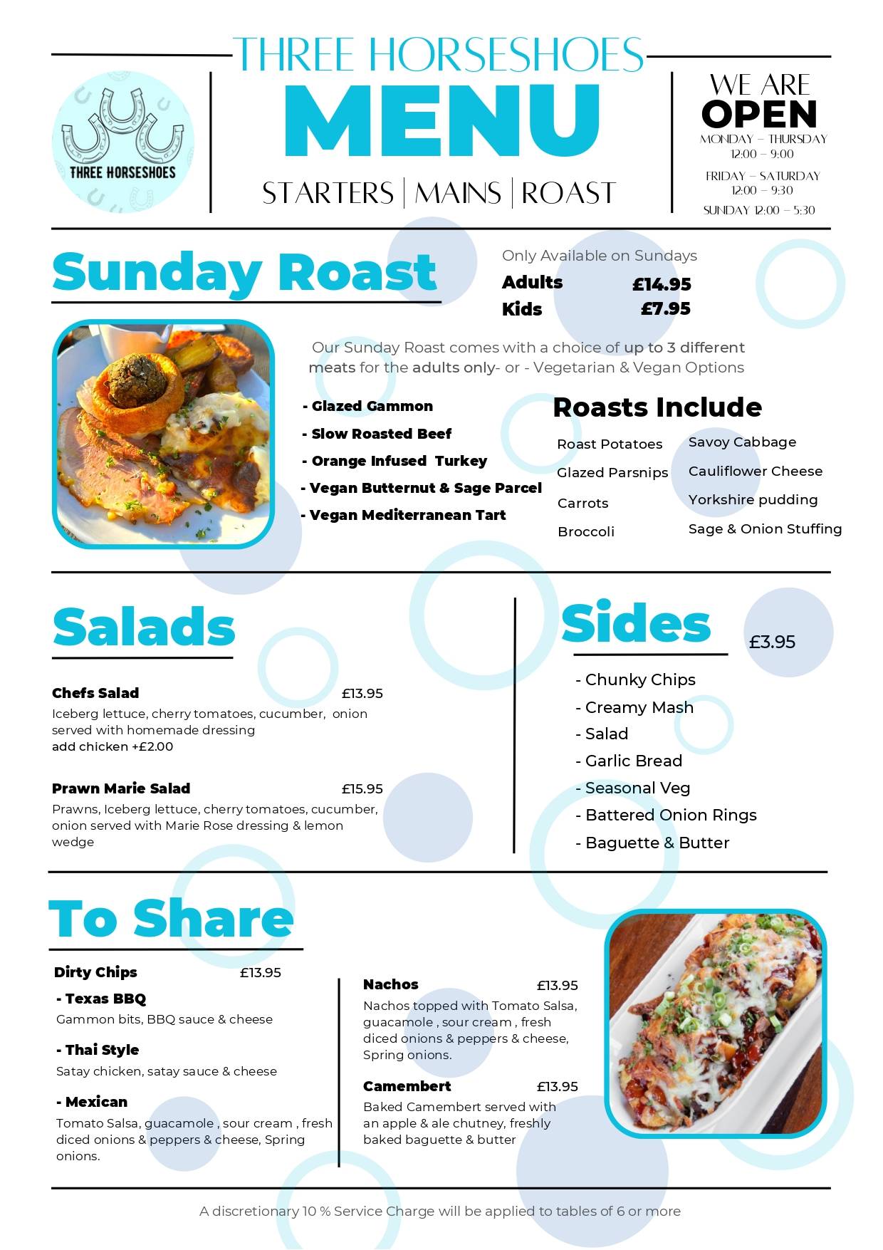 Menu at Three Horseshoes Wixford restaurant, Alcester, Road