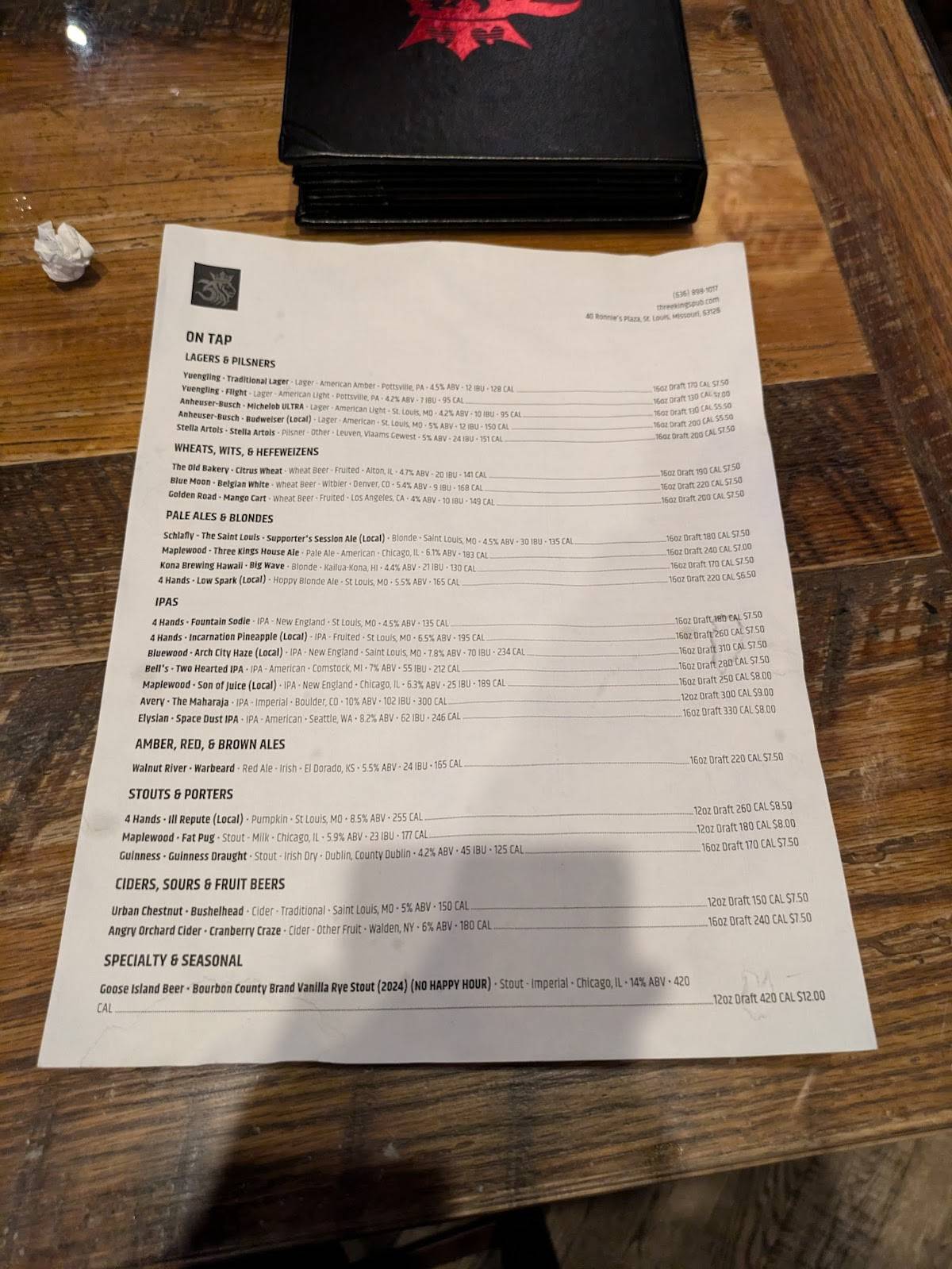 Menu at Three Kings Public House, St. Louis, 40 Ronnie's Plaza