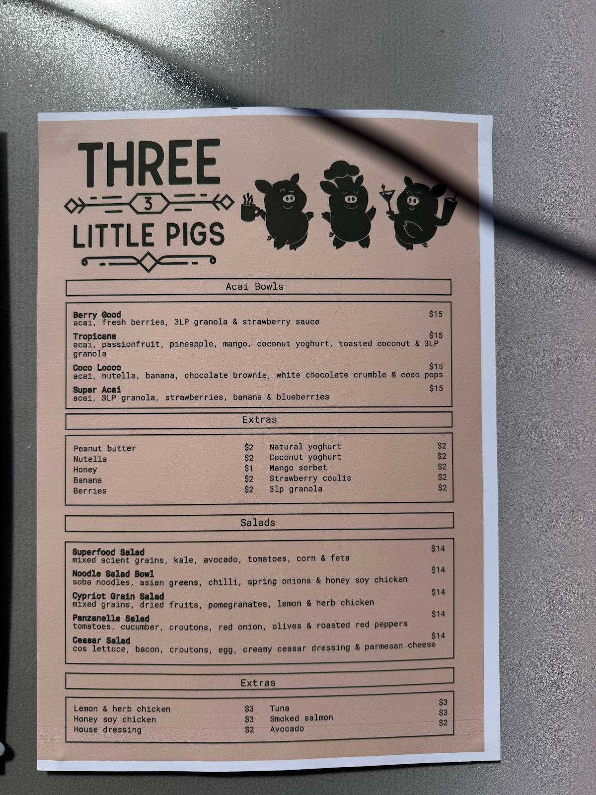 Menu at Three Little Pigs cafe, Werribee