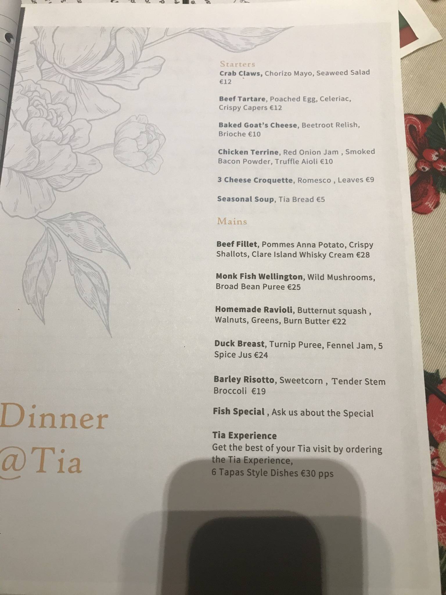 Menu at Tia restaurant, Louisburgh