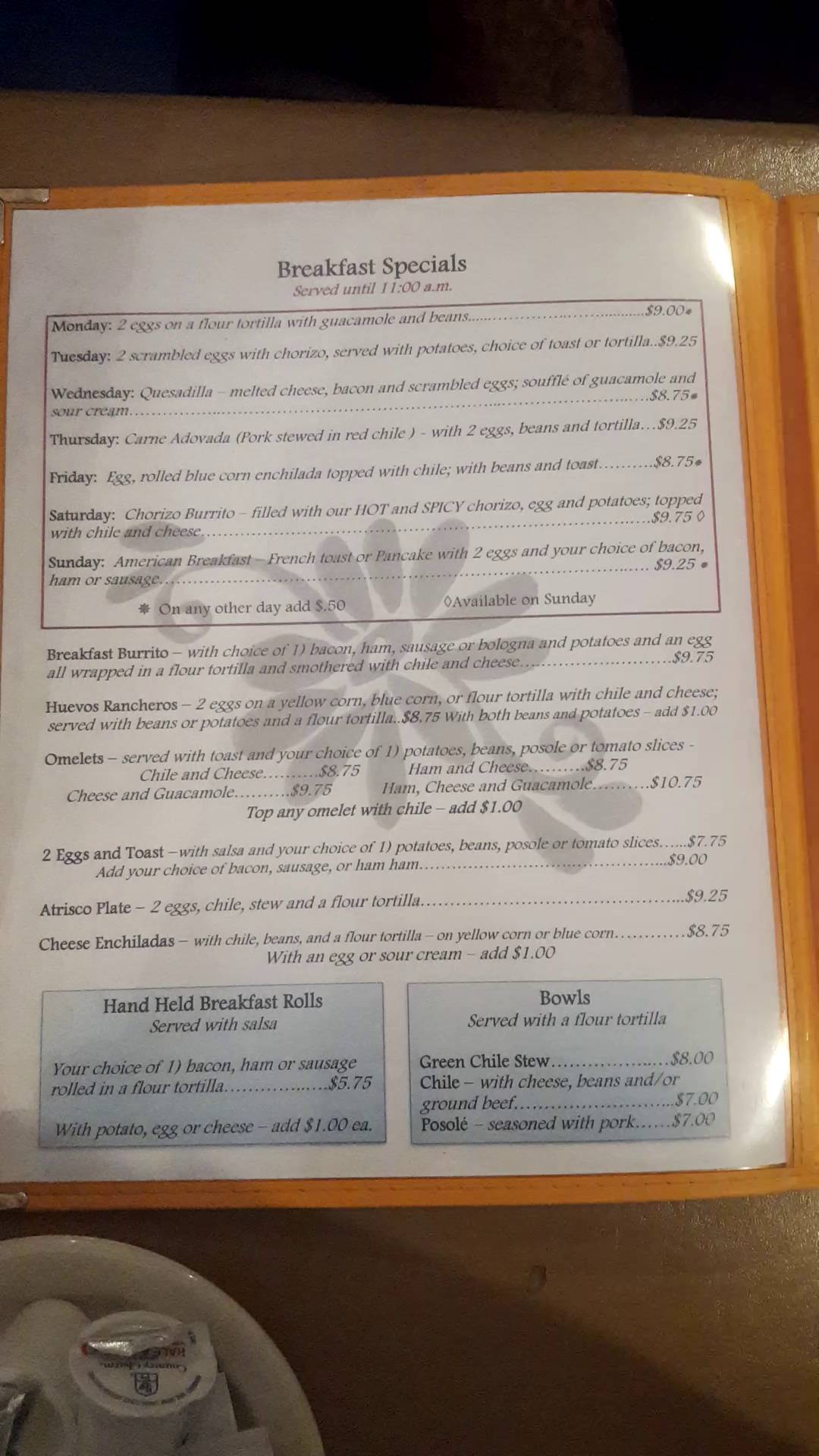 Menu at Tia Sophia's restaurant, Santa Fe