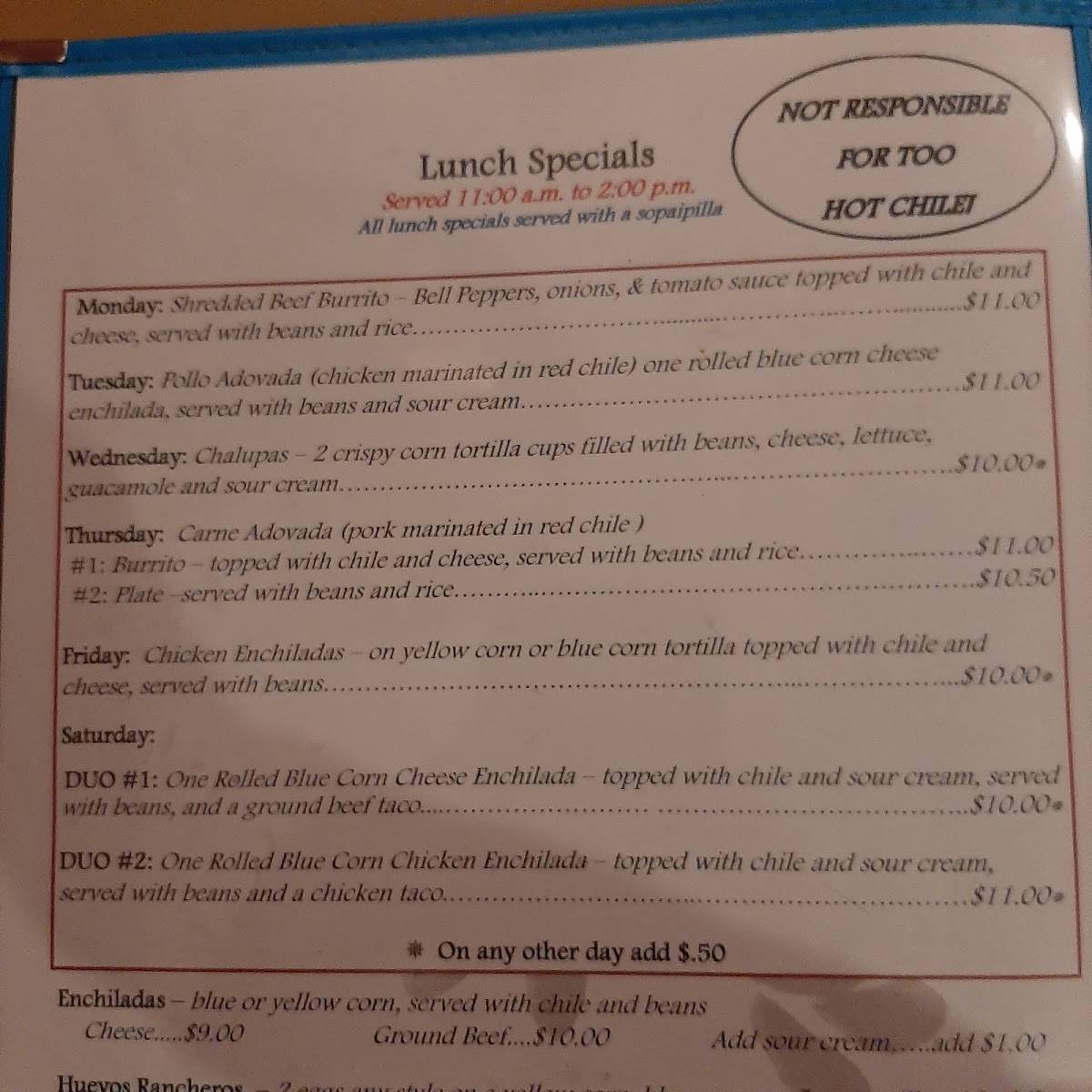 Menu at Tia Sophia's restaurant, Santa Fe