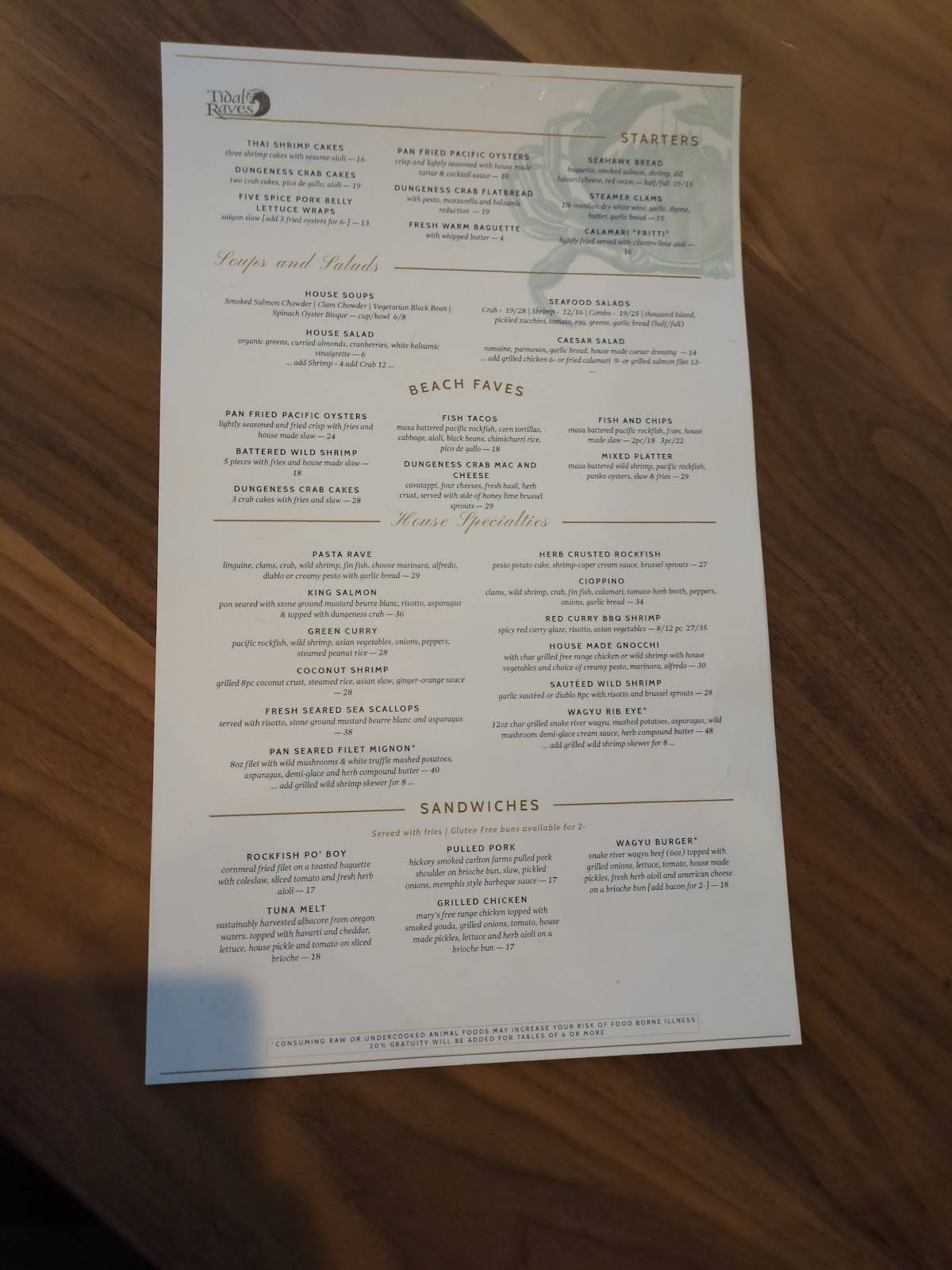 Menu at Tidal Raves Seafood Grill restaurant, Depoe Bay