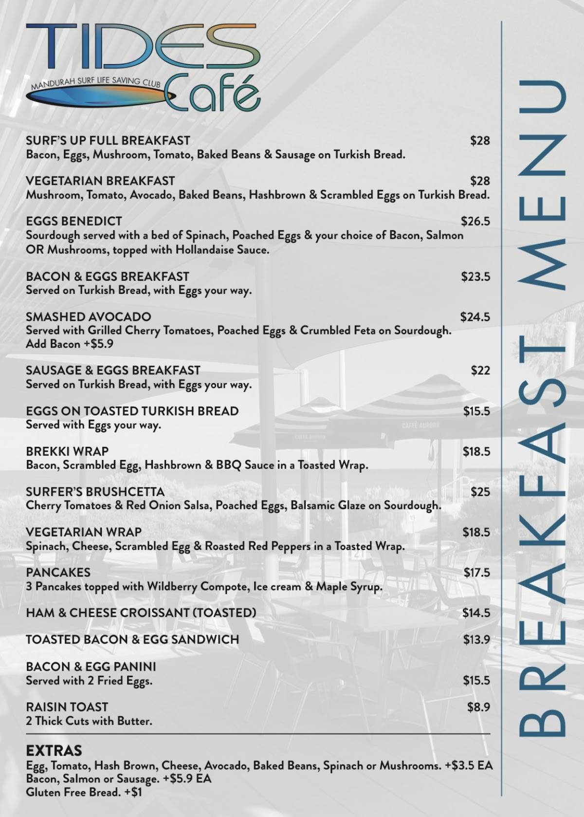 Menu at Tides Cafe, Mandurah