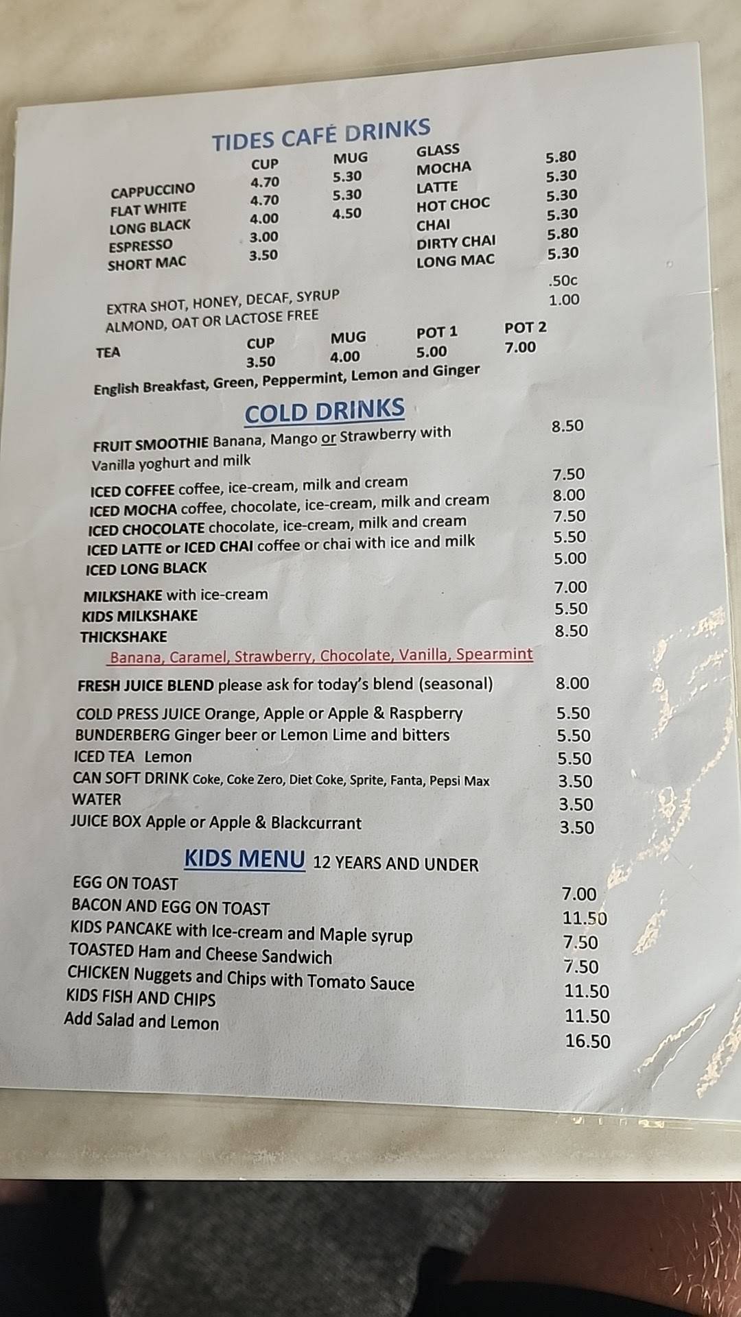 Menu at Tides Cafe, Mandurah