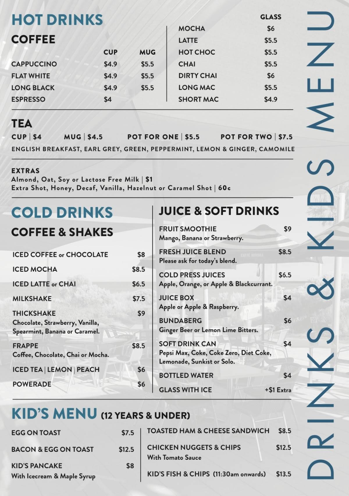 Menu at Tides Cafe, Mandurah