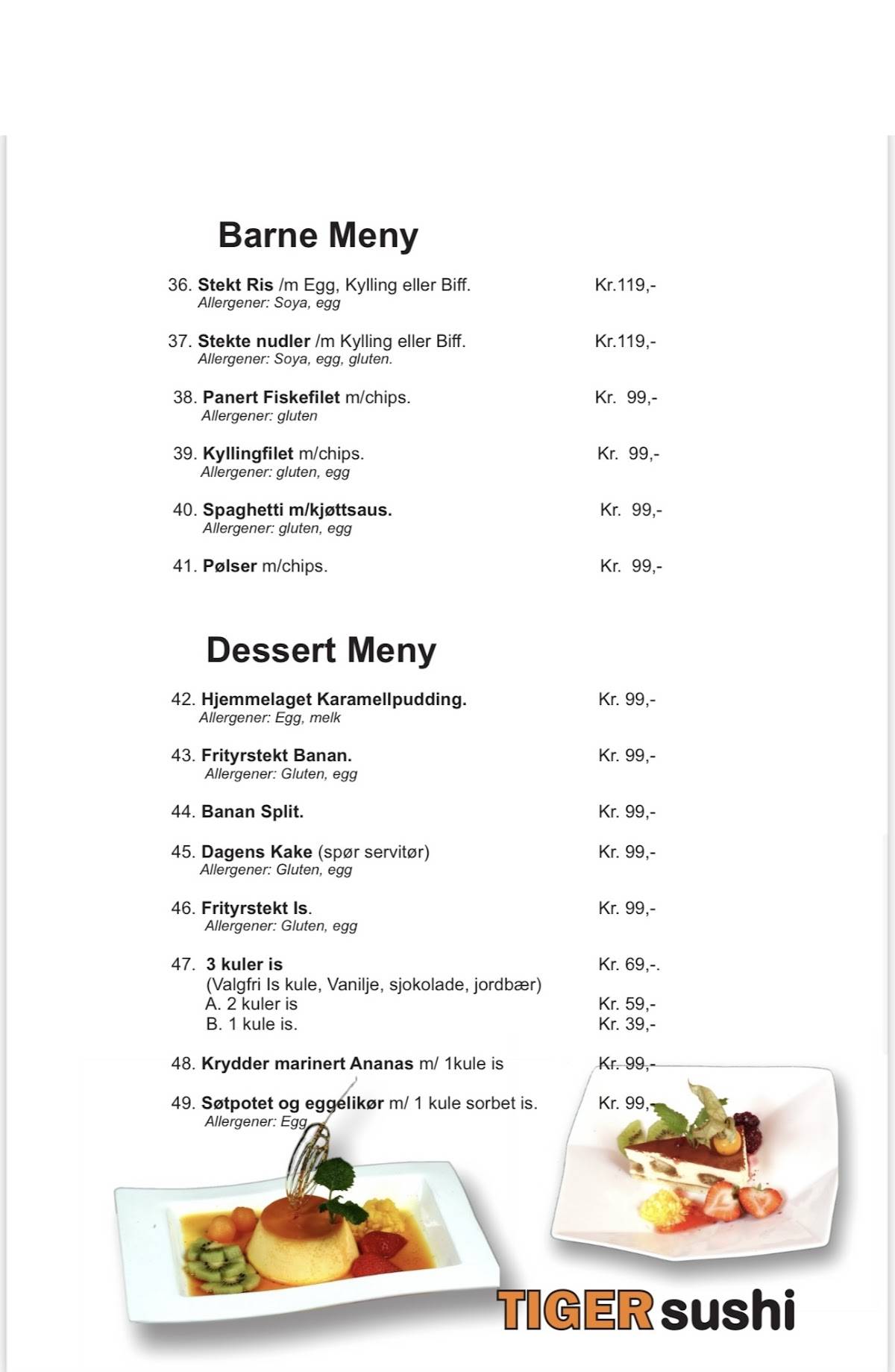 Menu at Tiger Sushi restaurant, Finnsnes