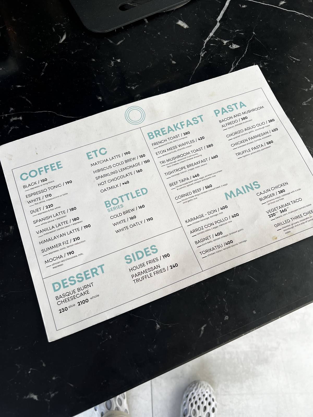 Menu at Tightrope Coffee cafe, Cebu City, M. L. Quezon Avenue