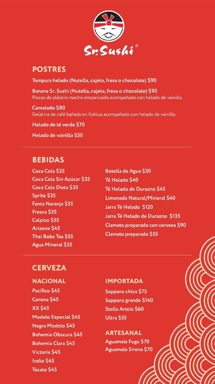 Carta del restaurante Sr. Sushi, Tijuana