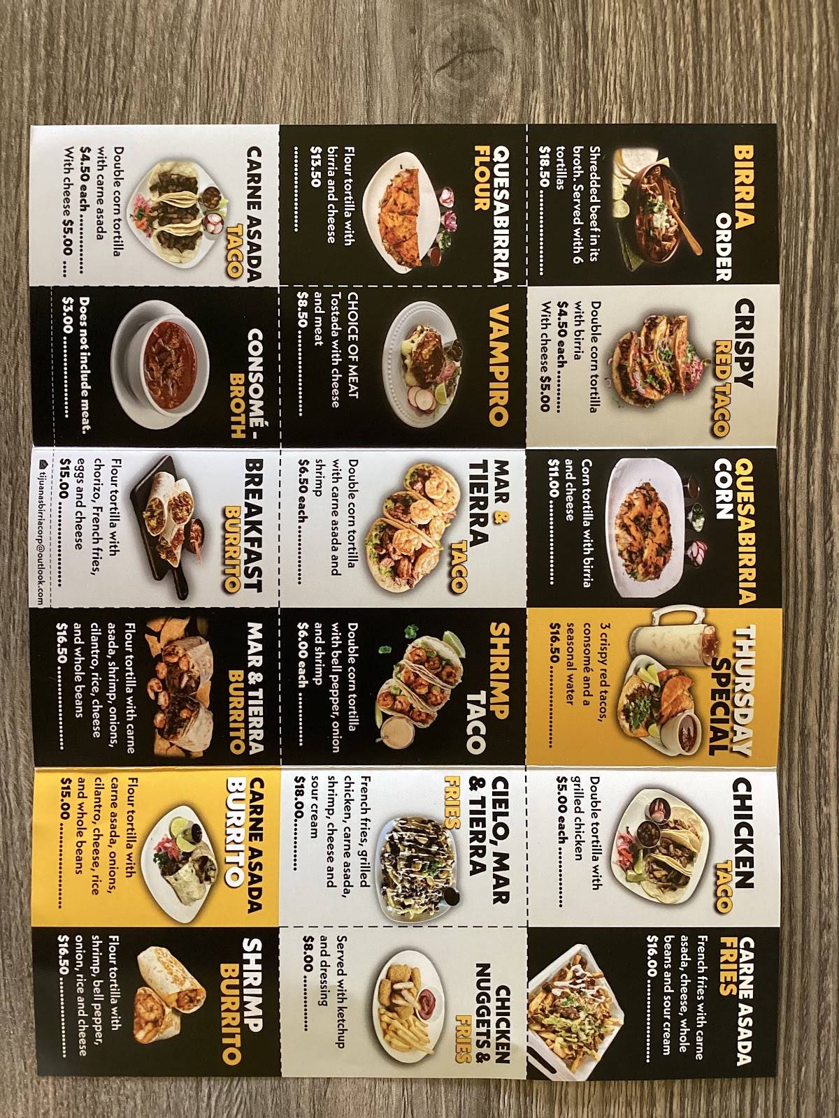 Menu at Tijuana’s Birria desserts, Grants Pass