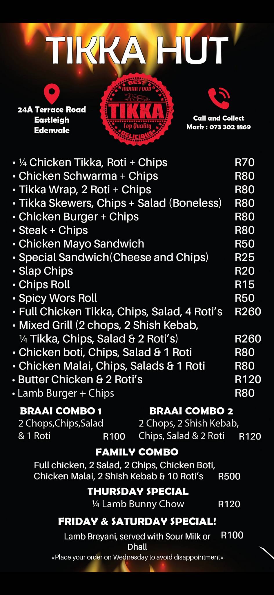 Menu at Tikka Hut, Edenvale