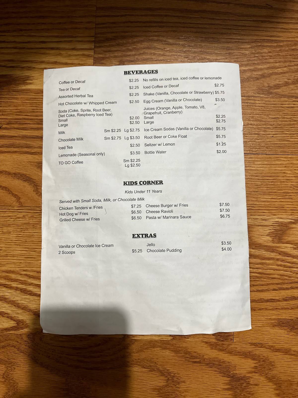 Menu at Tilly's Diner restaurant, Monticello