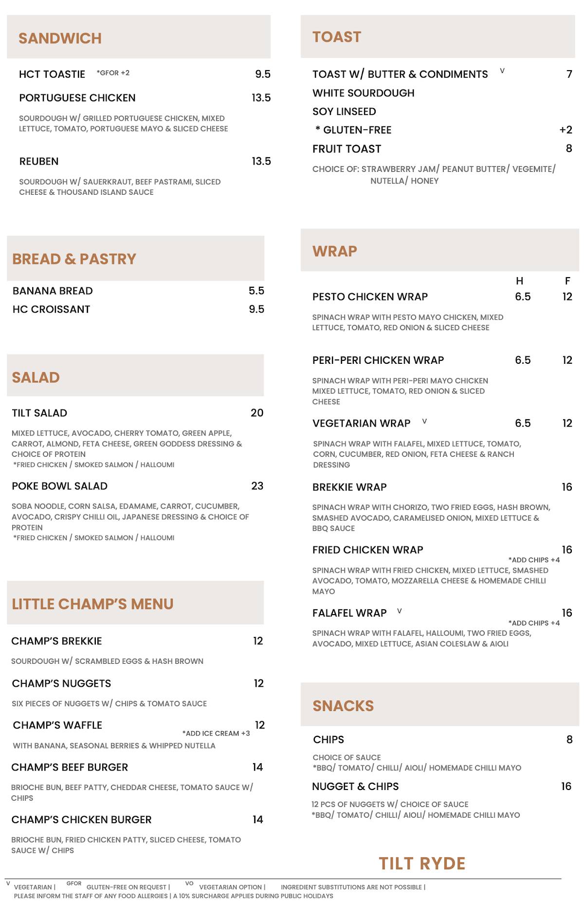 Menu at Tilt Ryde cafe, North Ryde
