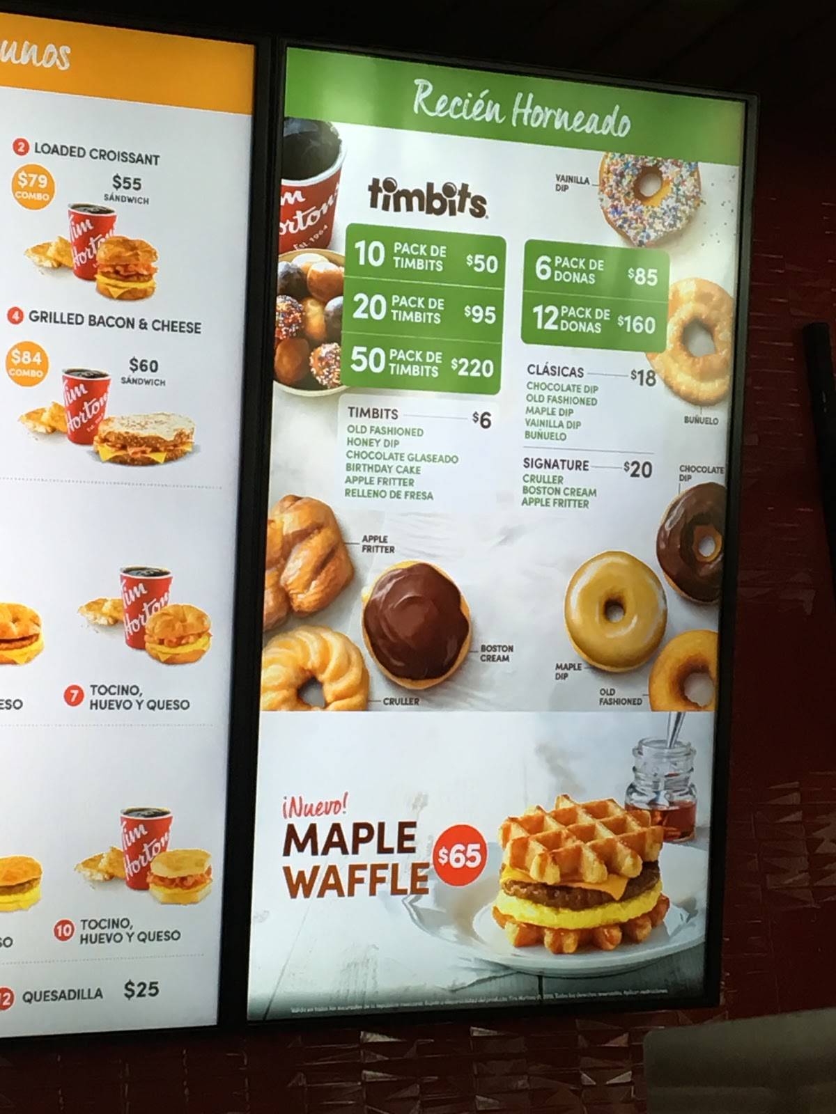 Carta del café Tim Hortons, Monterrey, Av. Eugenio Garza Sada 3933