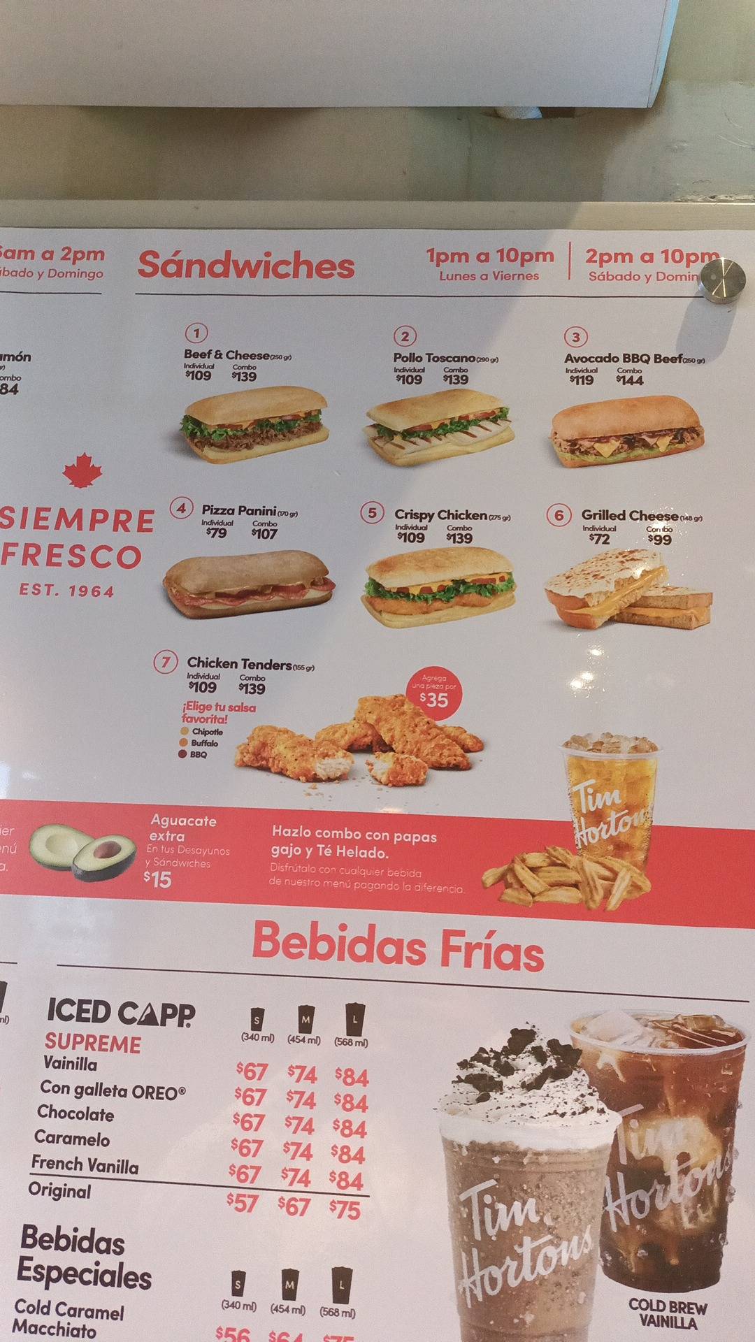 Menu at Tim Hortons Petrocentro 1 Oriente cafe, Mexico