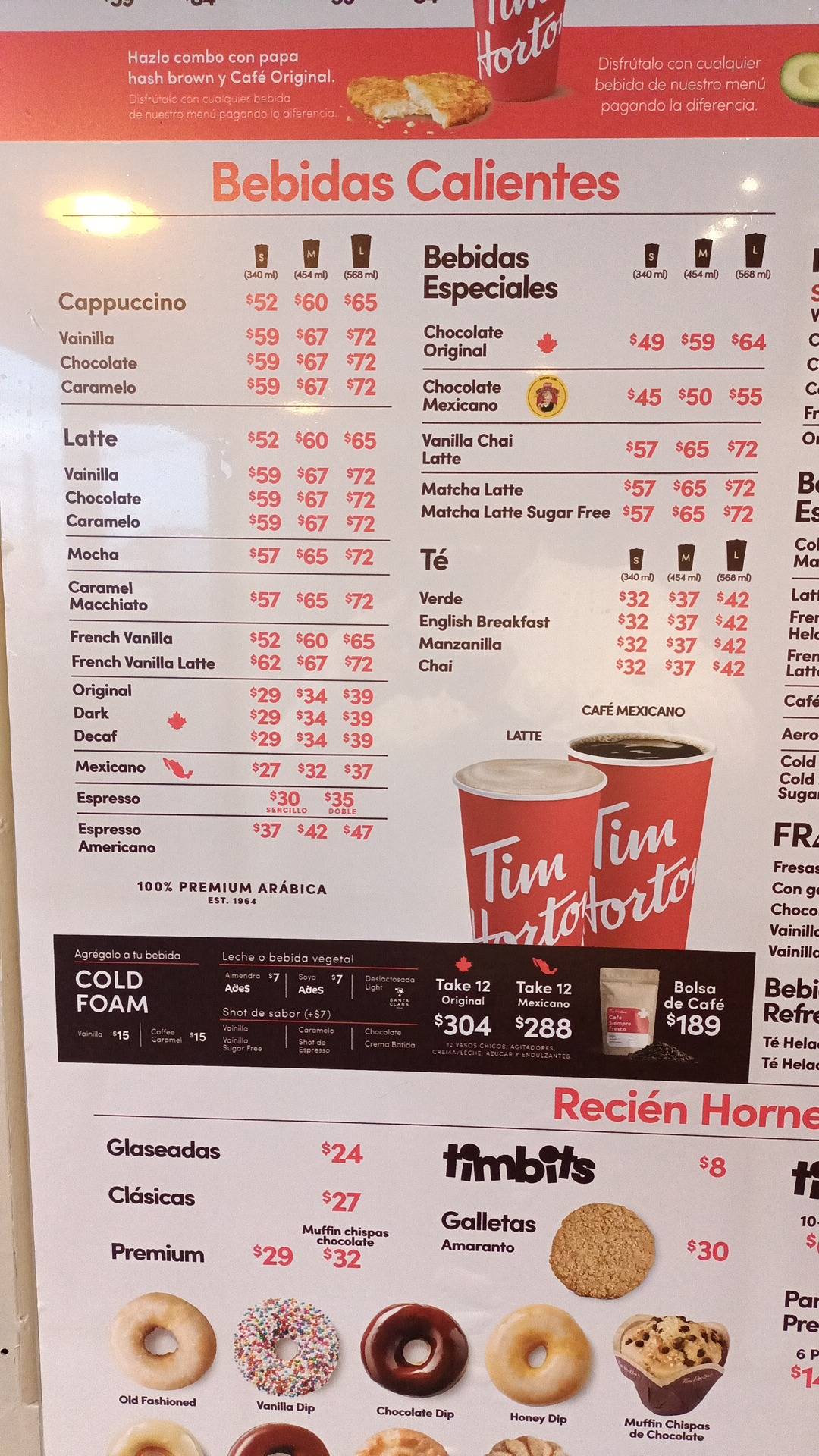 Menu at Tim Hortons Petrocentro 1 Oriente cafe, Mexico