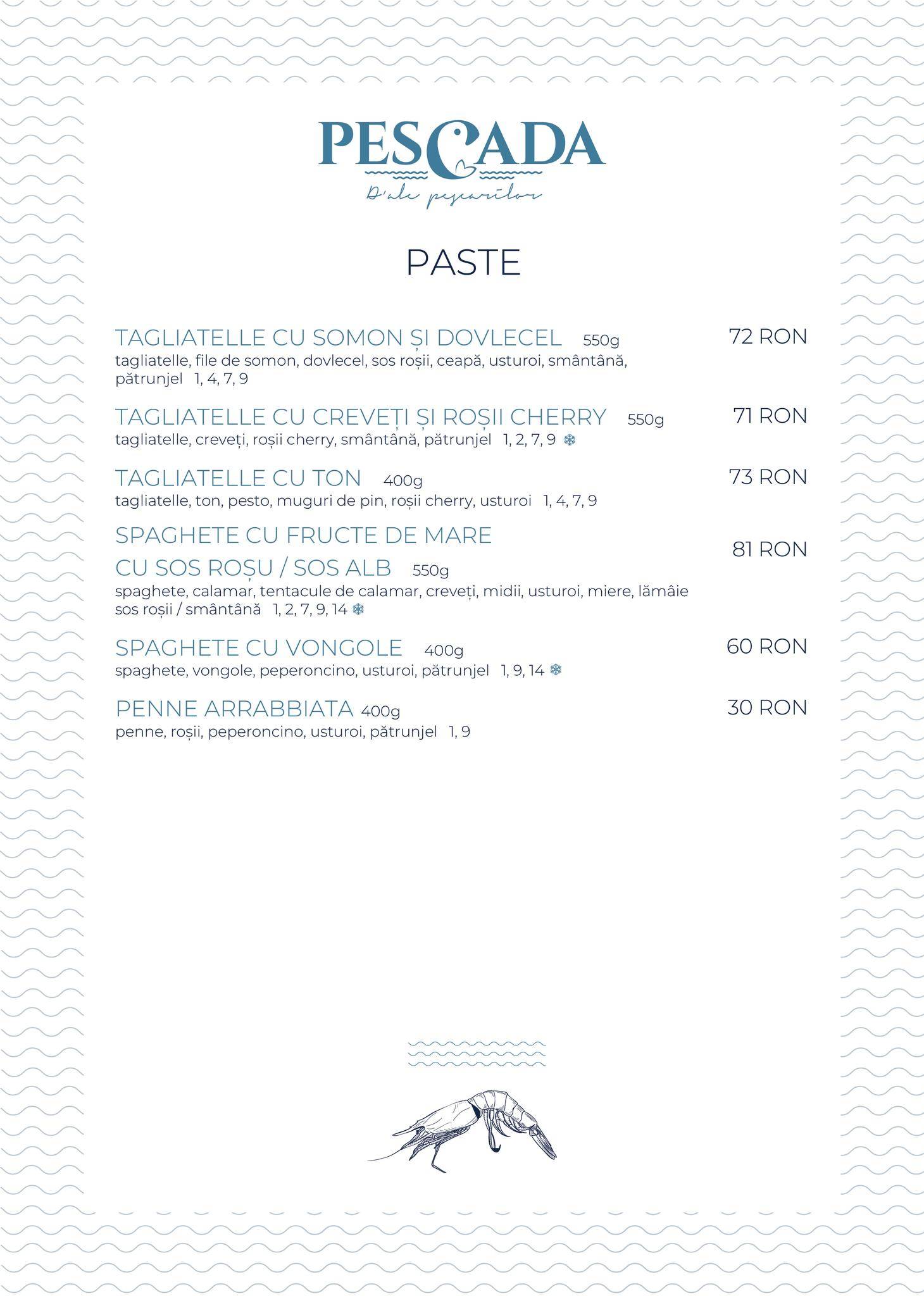 Menu at Pescada, Timișoara