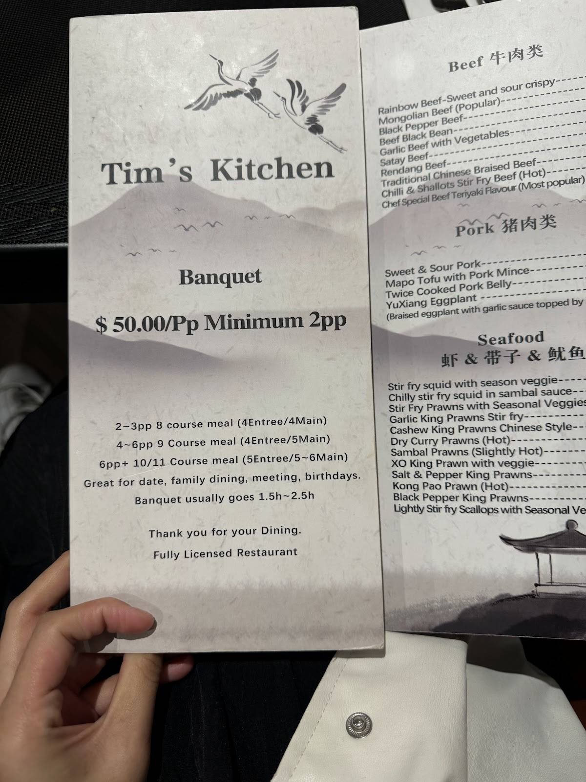 Menu at Tim's Kitchen restaurant, Mount Pleasant