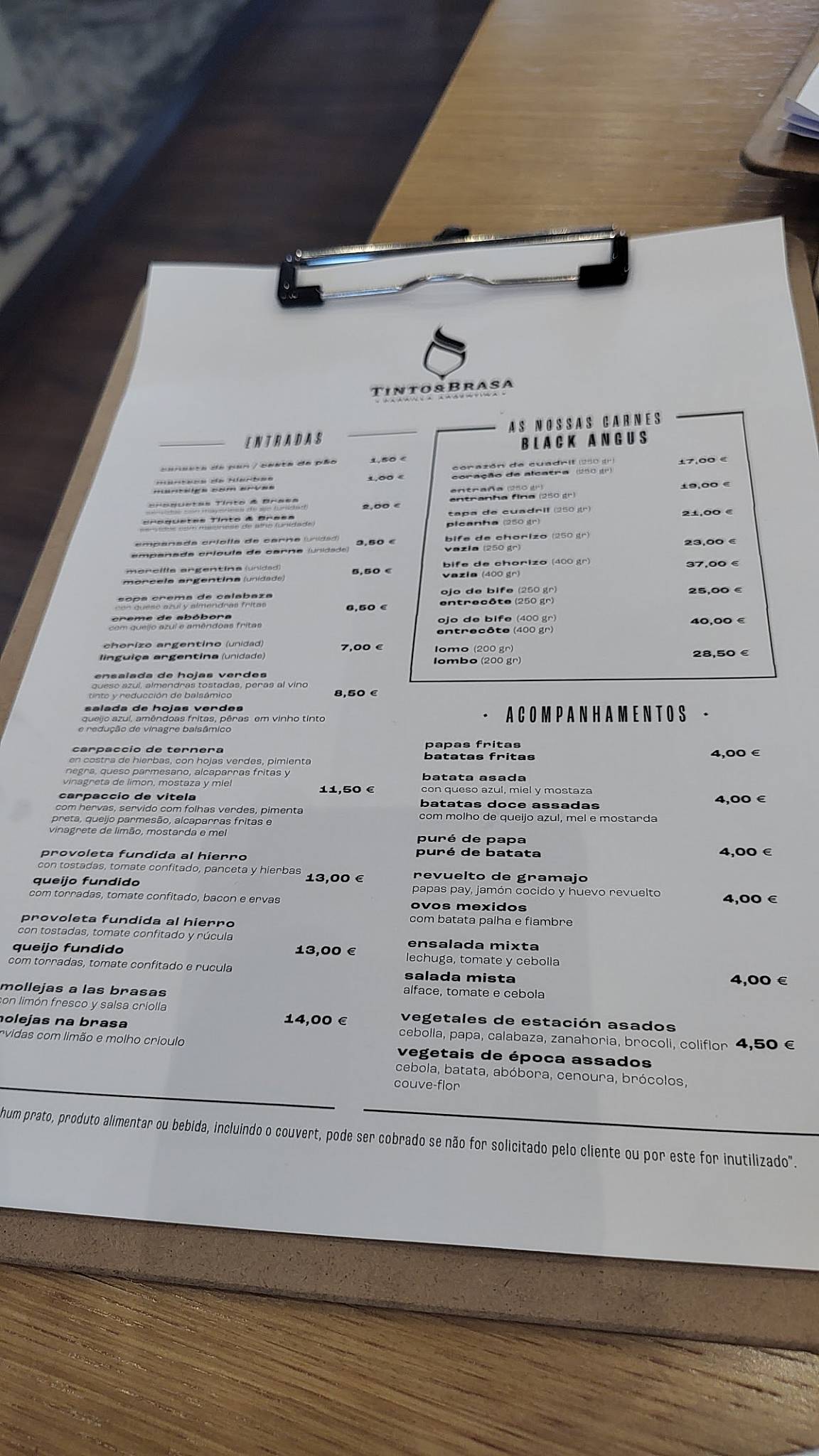 Menu em Tinto & Brasa Parrilla Argentina churrascaria, Lisboa