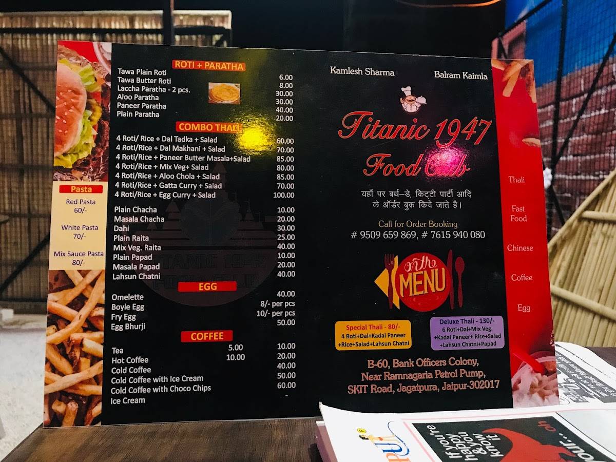 Menu at Titanic 1947 Food Club TFC, Jaipur