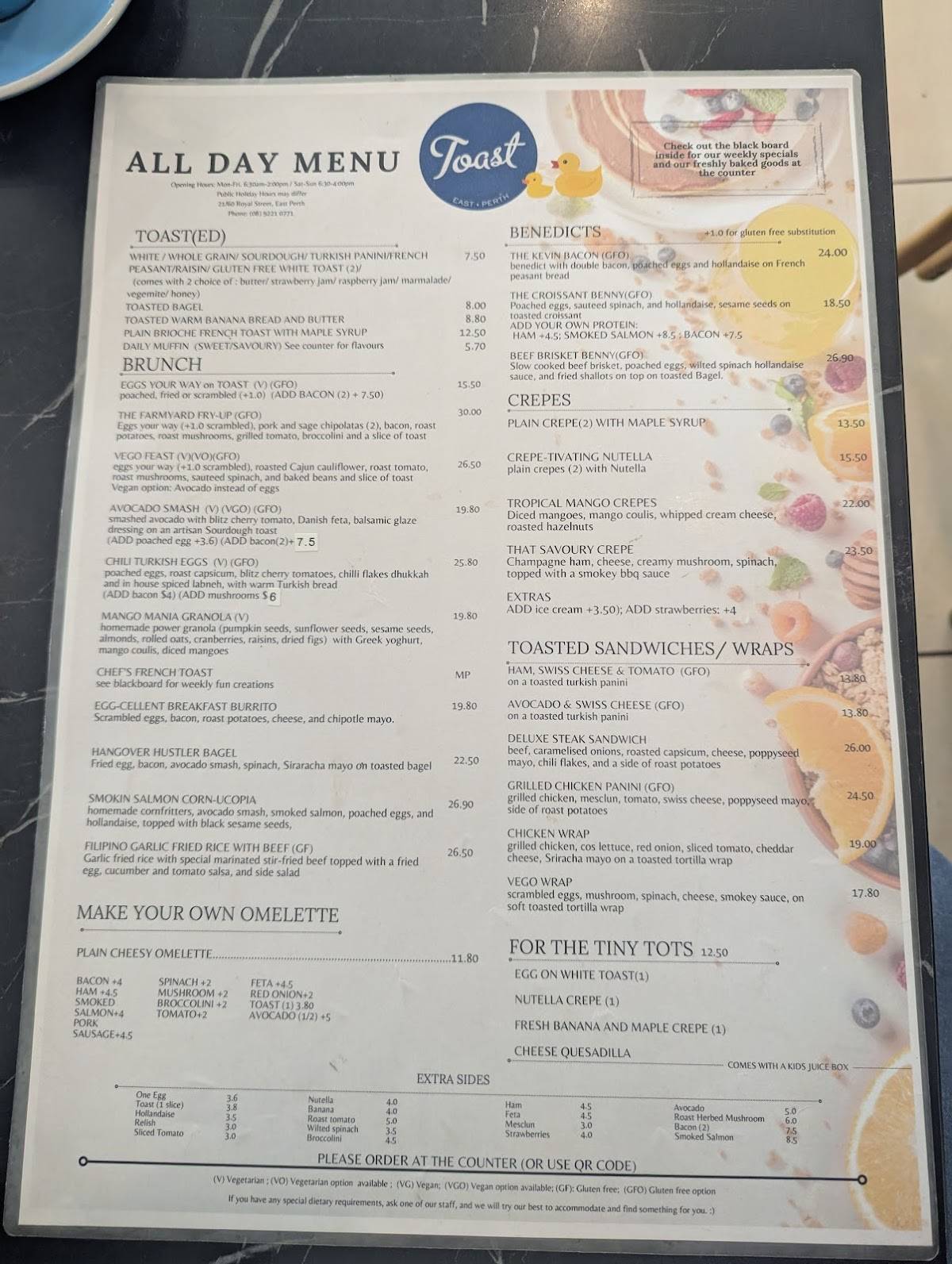 Menu at Toast Cafe, Perth