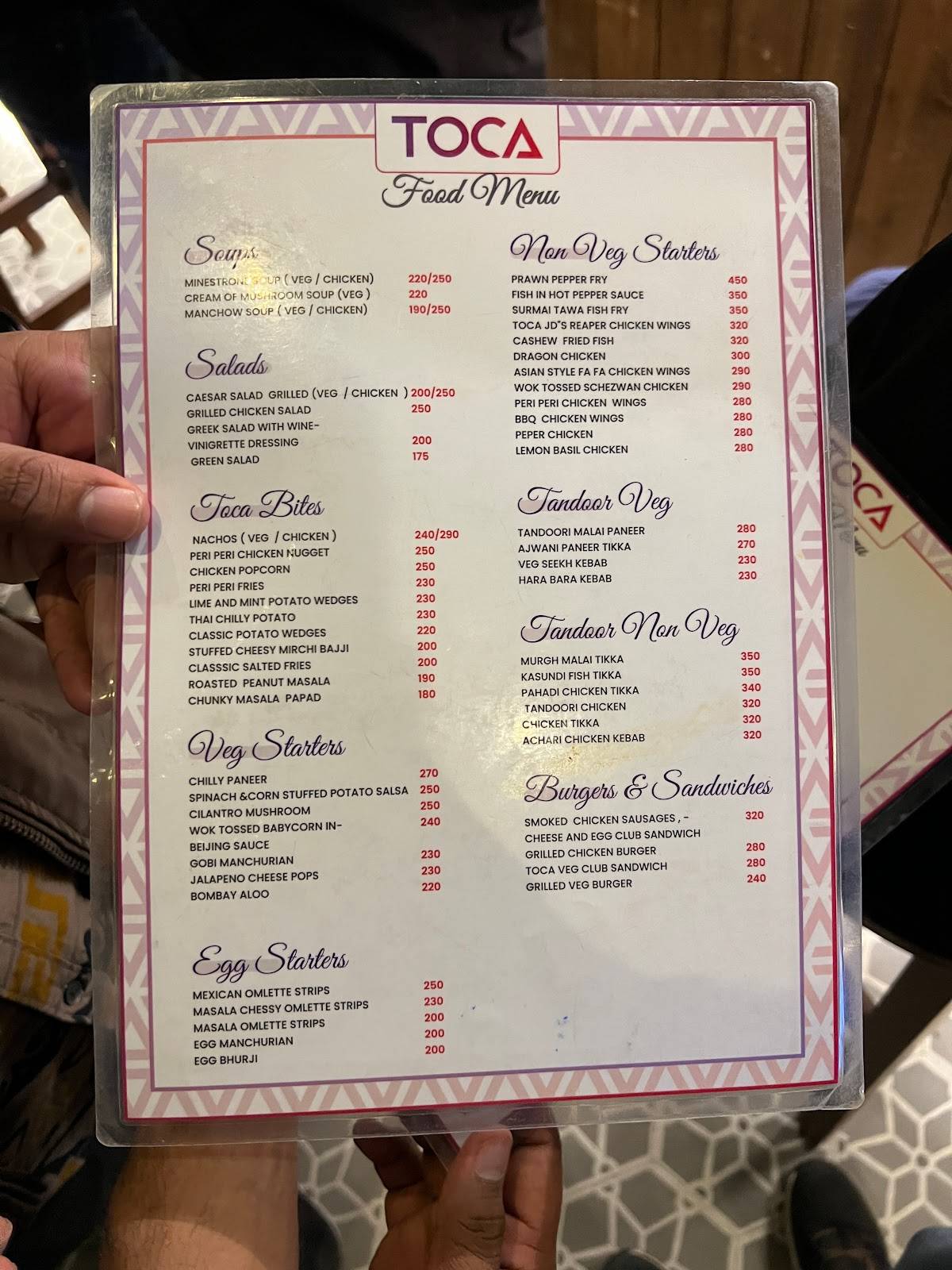 Menu at Toca, Bengaluru