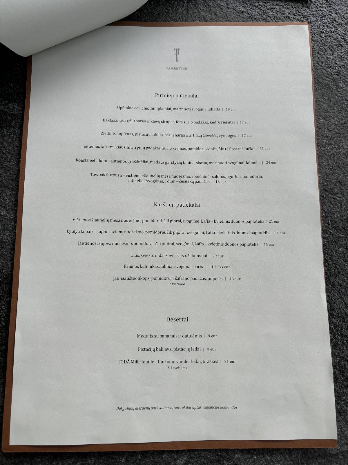 Menu at Toda Palanga restaurant, Palanga