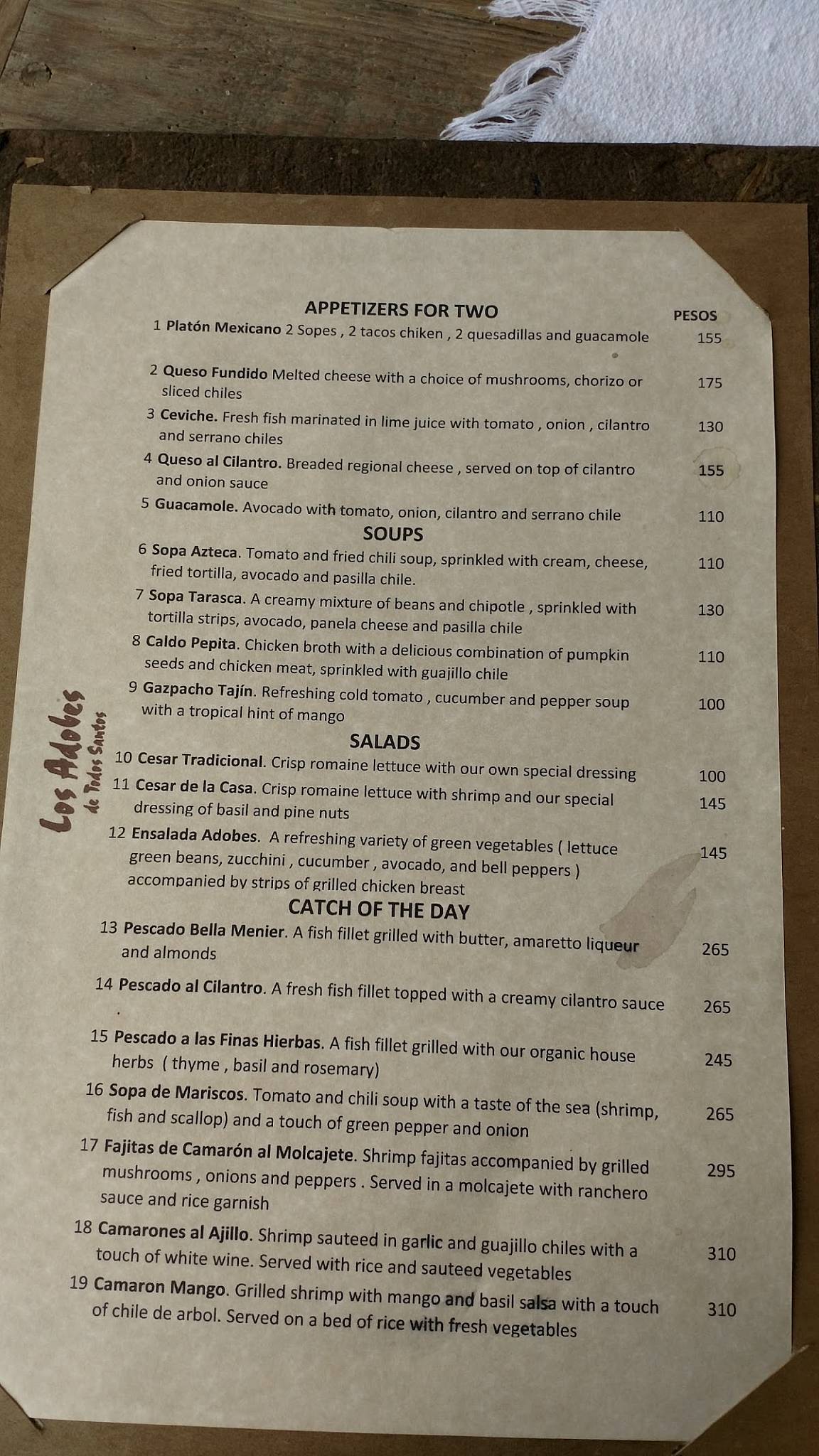 Carta del restaurante Los Adobes De Todos Santos, Todos Santos