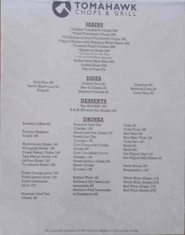 Menu at Tomahawk Chops & Grill restaurant, Pasay